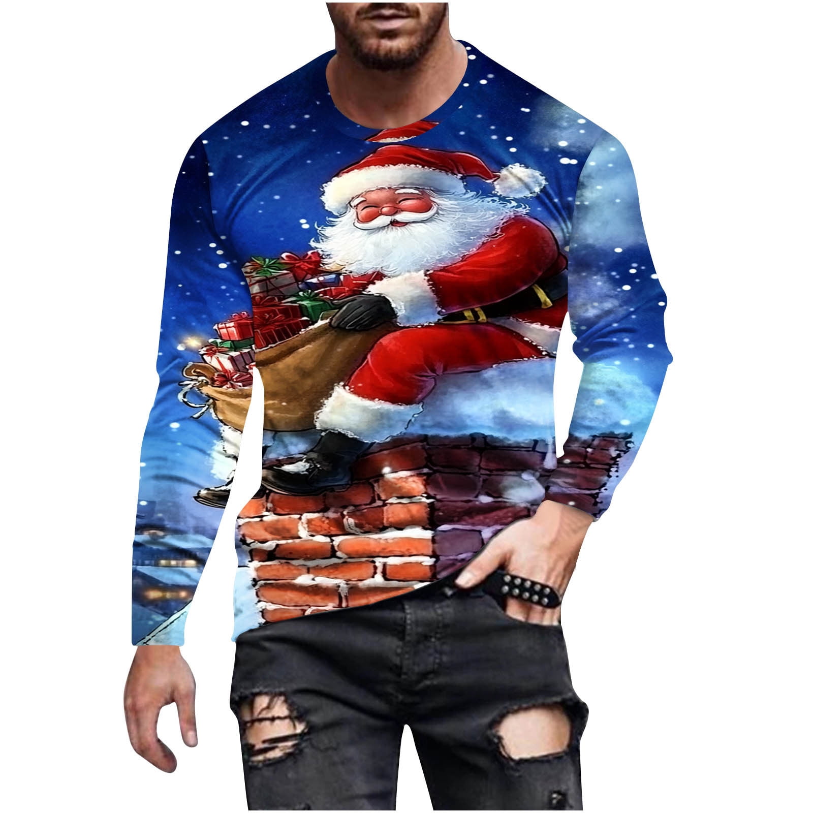 Wyobmus Christmas T-Shirt for Men 3D Print Santa Claus Pattern Long ...