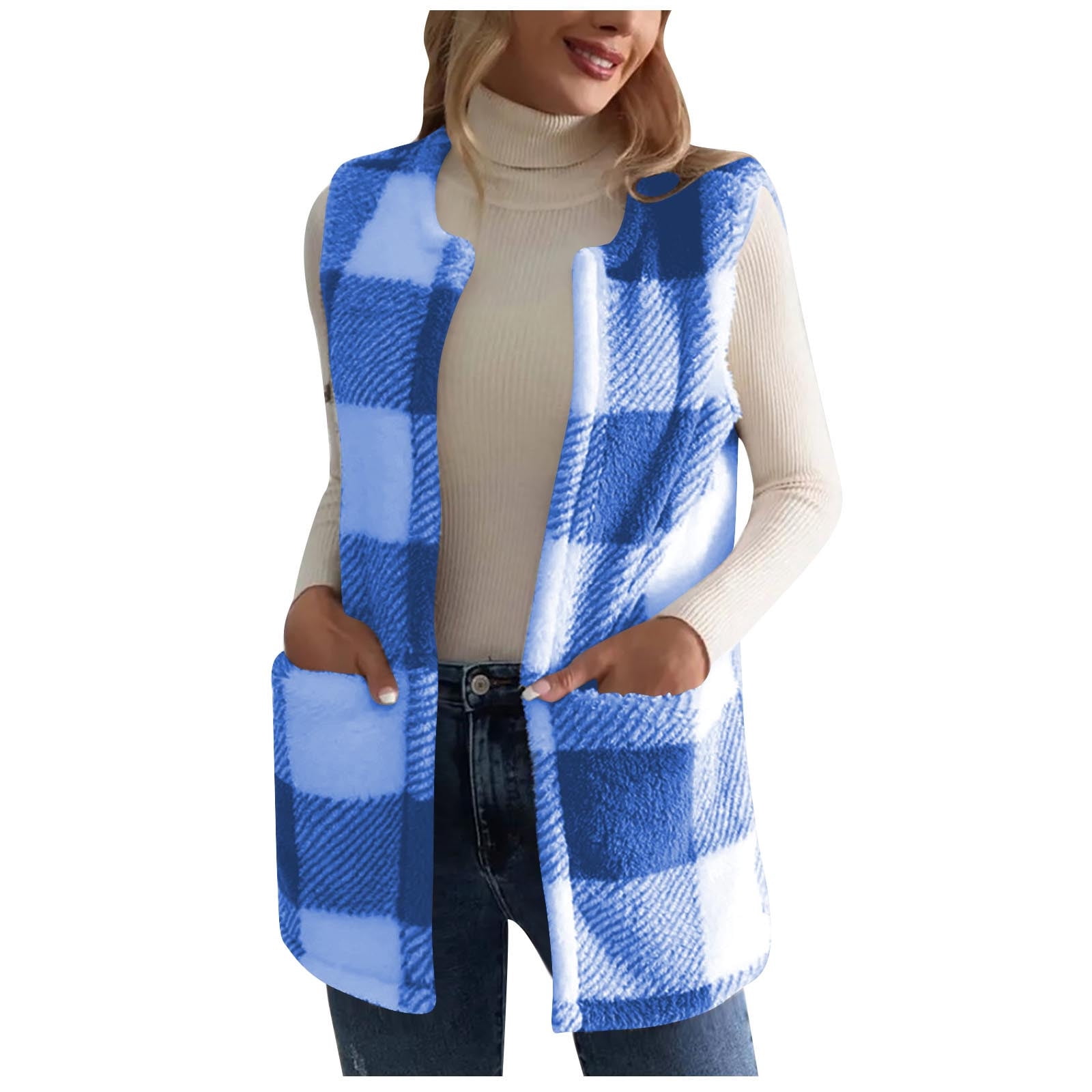 Wyobmus Long Plaid Vest for Women Fall Winter Coat Casual Double Fleece ...