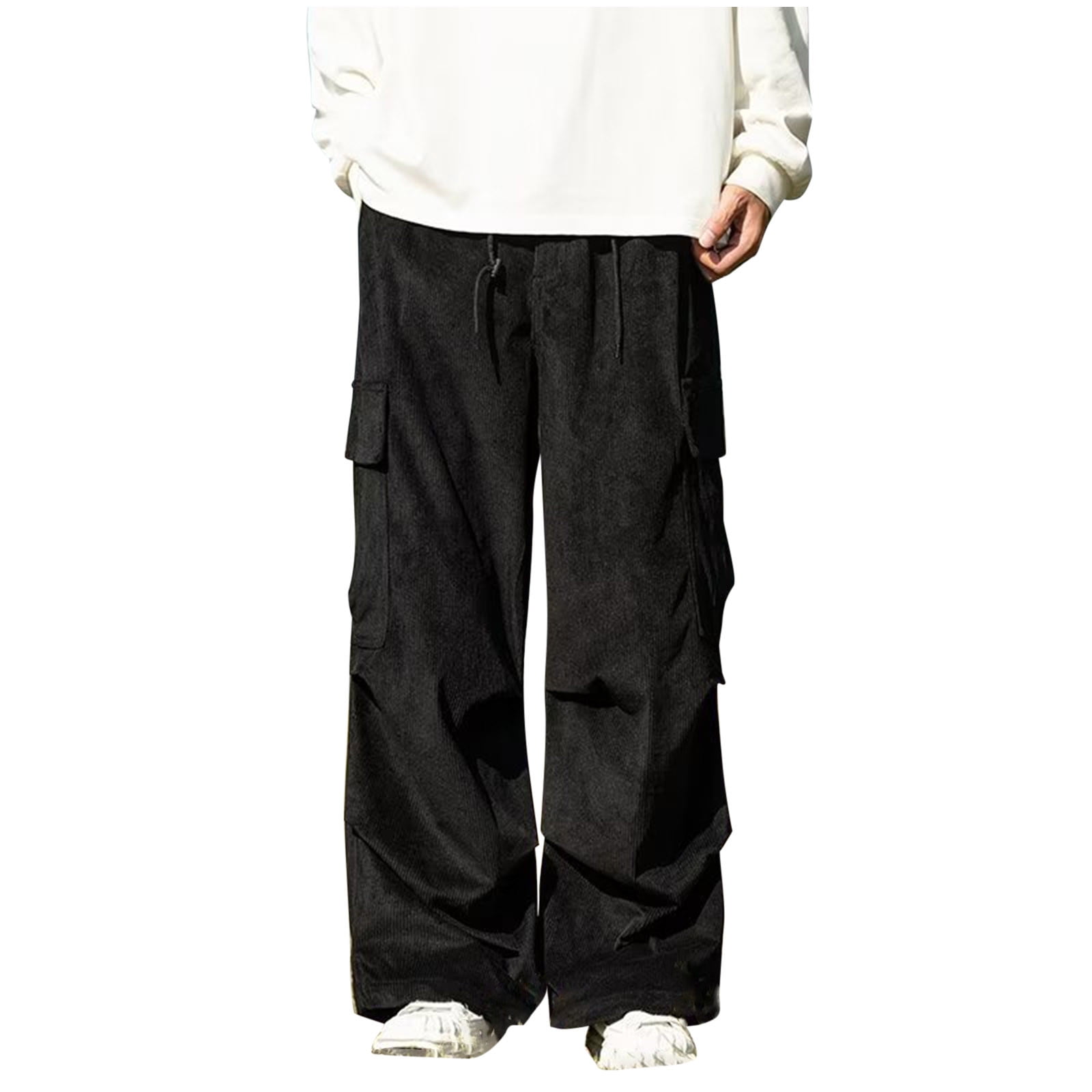 Wyobmus Men's Corduroy Pants Casual Fleece Lined Cargo Pants Elastic High Waist Straight Wide ...