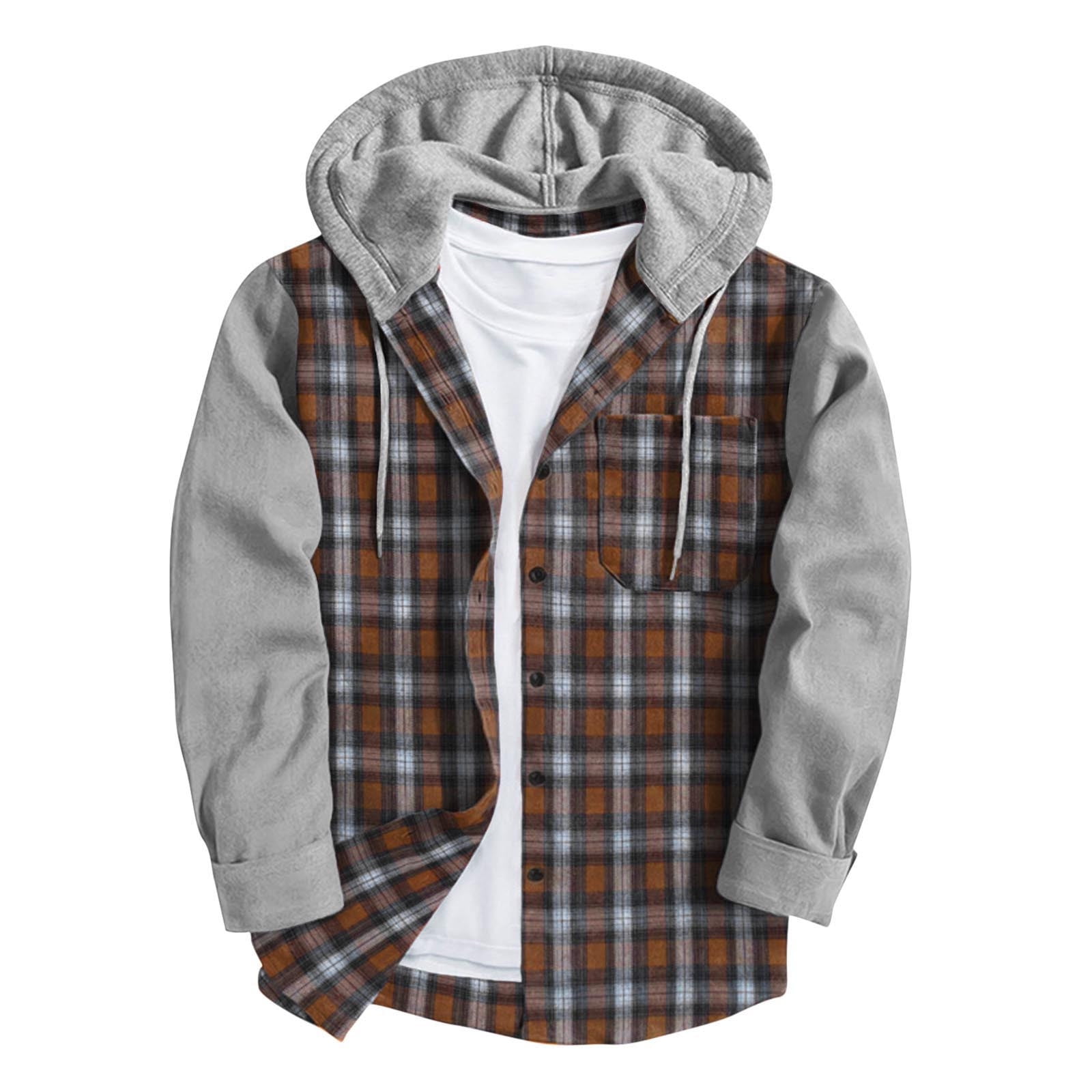 Wyobmus Men's Flannel Hoodie Shirt Plaid Drawstring Button Down Front ...