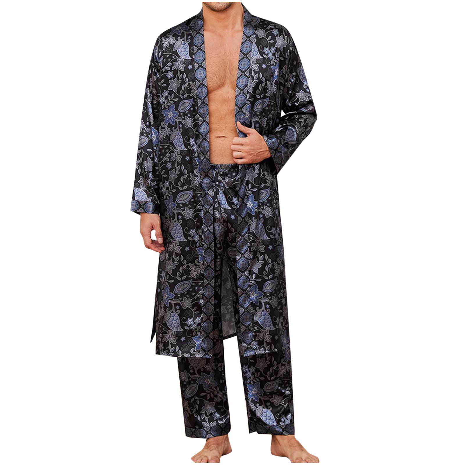 Wyobmus Men's Kimono Robe Set Silk Satin Printed Long Sleeve Open Front ...