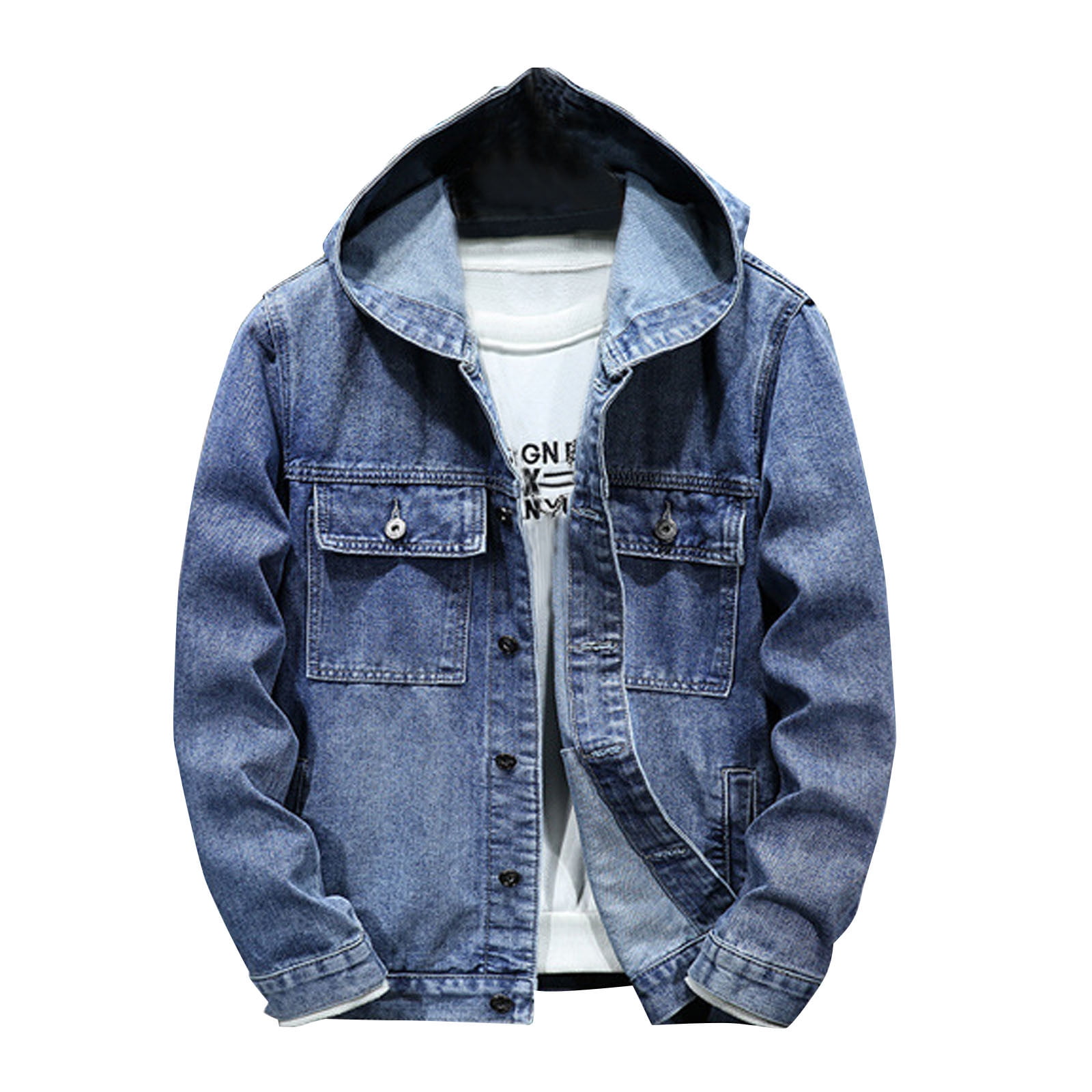 Wyobmus Men's Loose Fit Denim Hooded Jacket Casual Button Down Washed ...