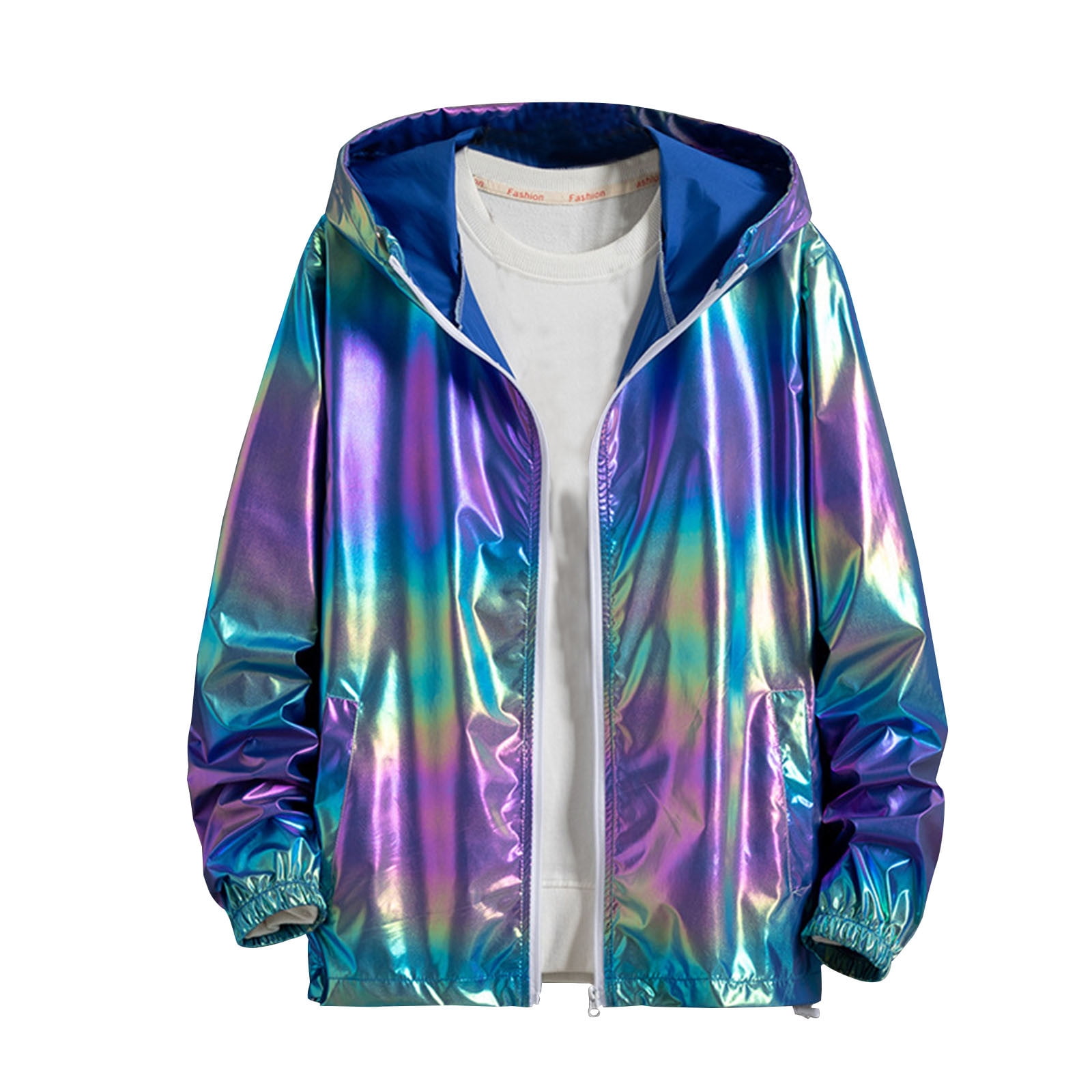 Wyobmus Men's Metallic Jacket Holographic Ultra-Thin Zip Up Hooded ...
