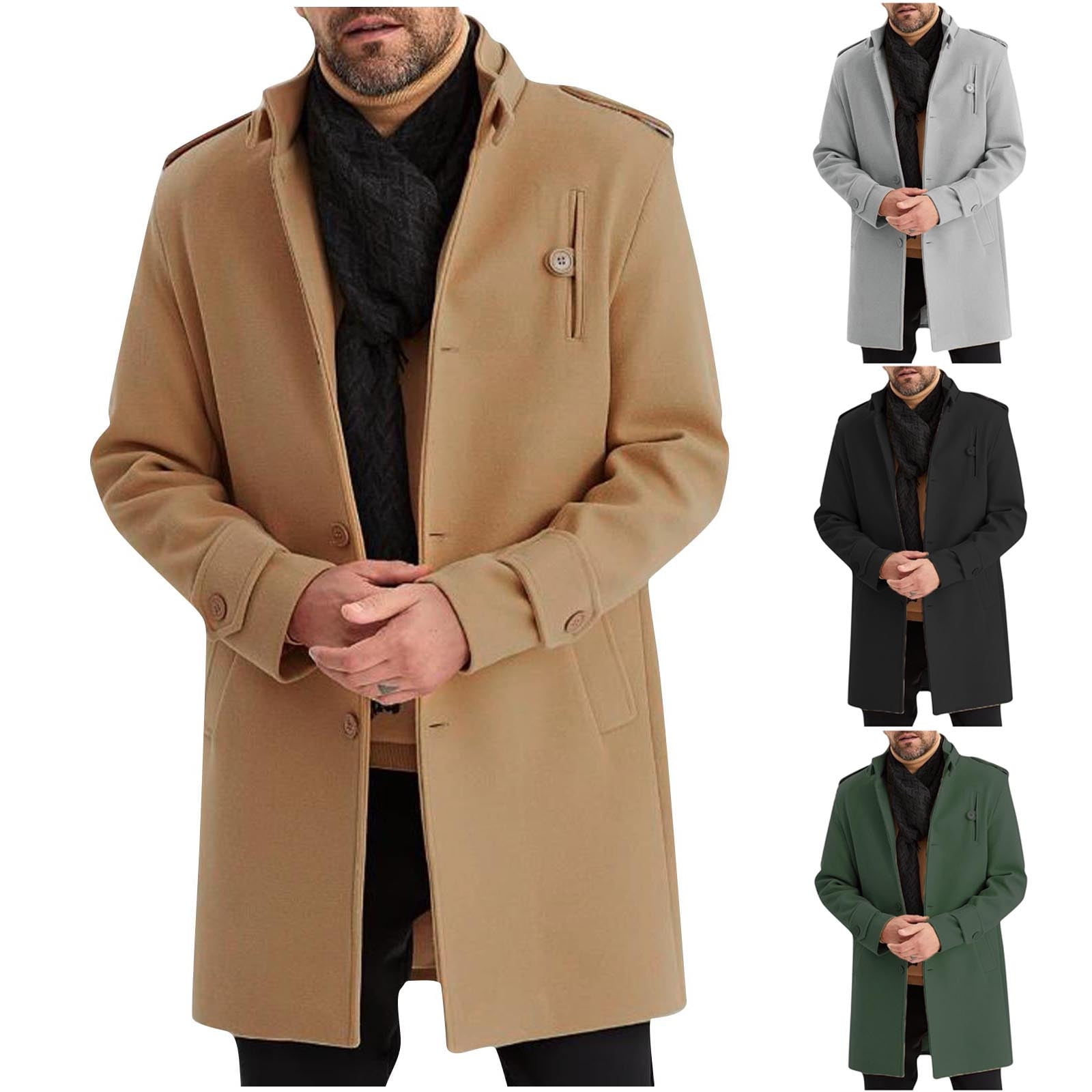 Wyobmus Men's Mid Length Overcoat Slim Fit Long Sleeve Zipper Pea Coat ...