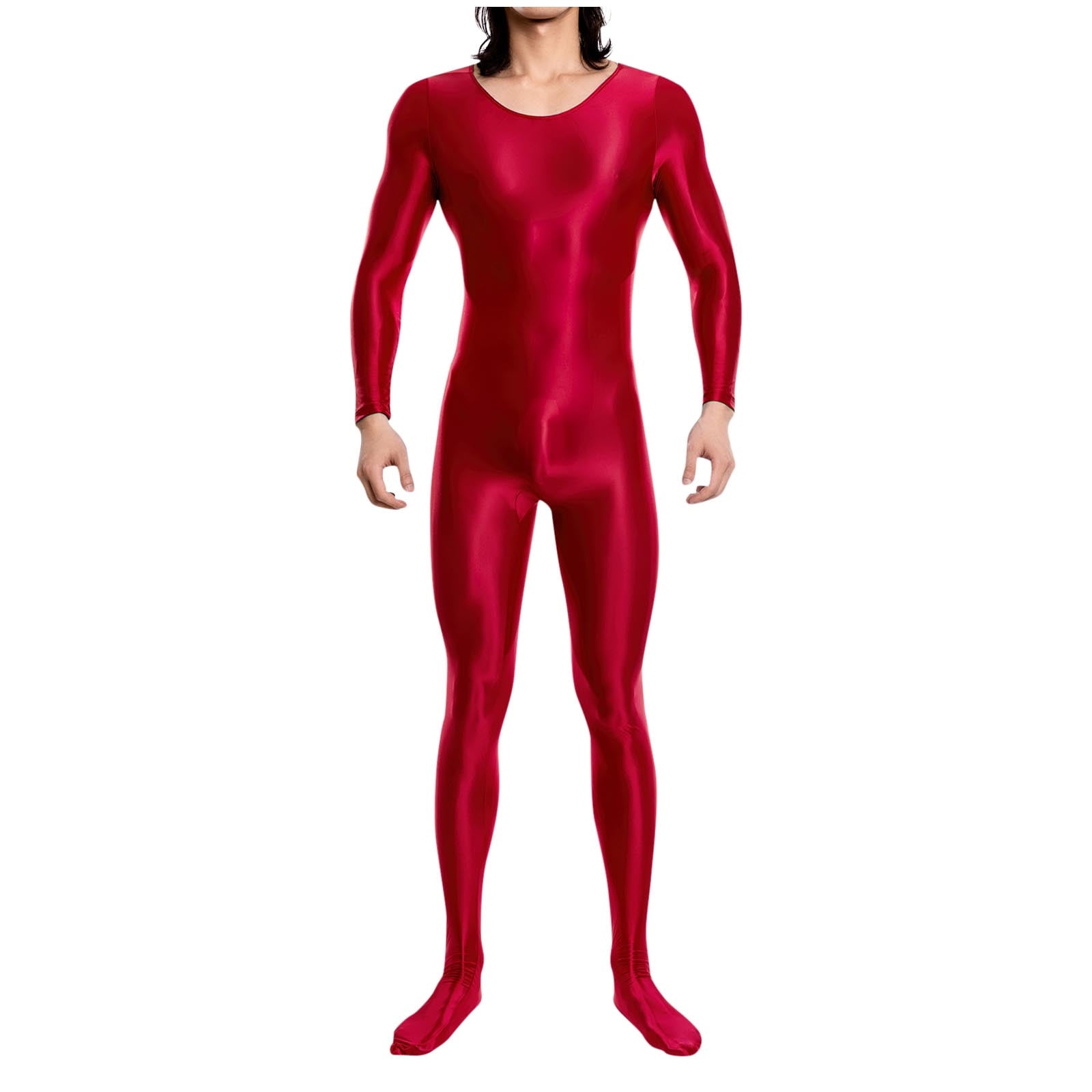 Wyobmus Men's Oil Shiny Tights Full Bodysuit Footed Metallic Glossy ...