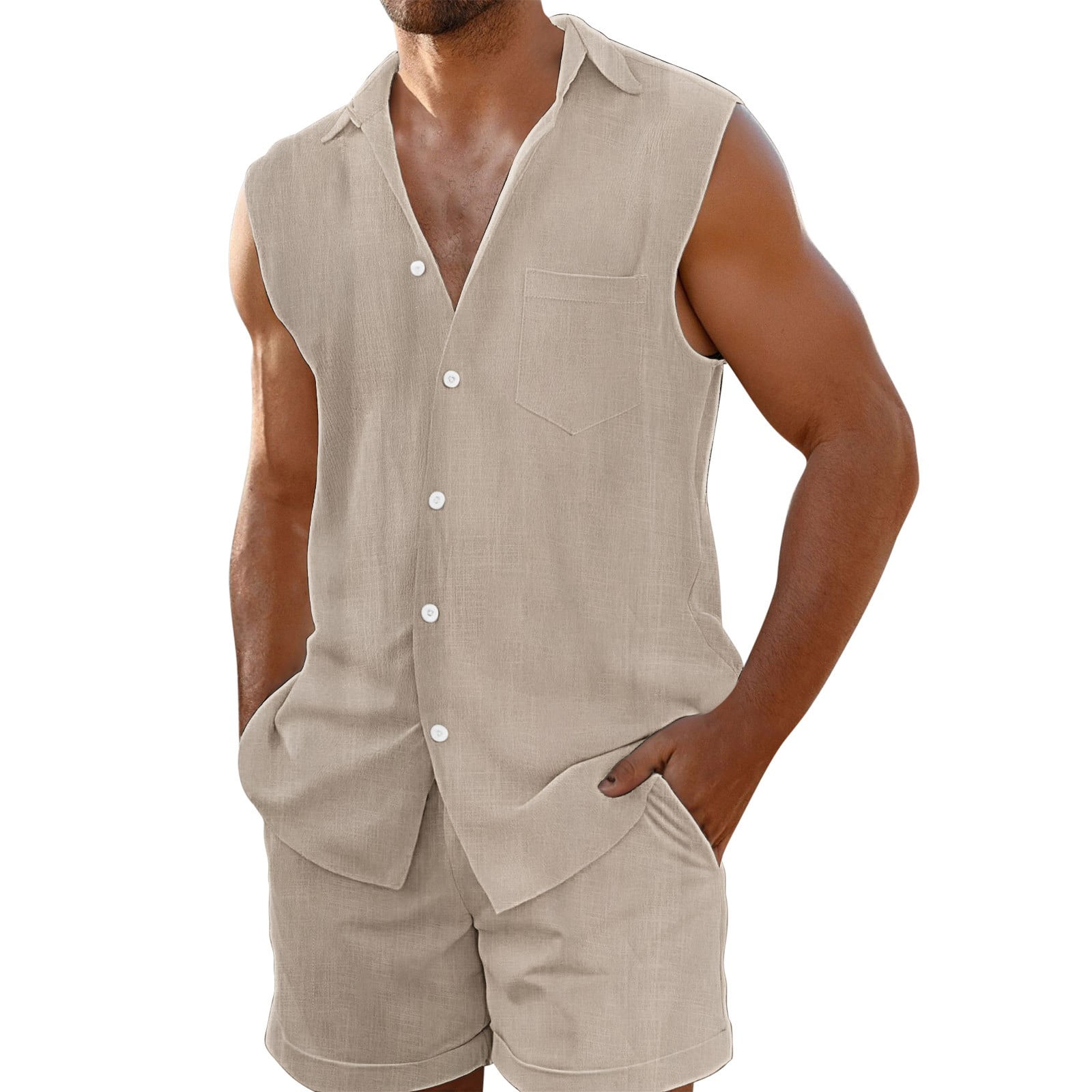 Wyobmus Men's Short Sets Summer 2 Piece Outfits Button Down Linen Tank ...