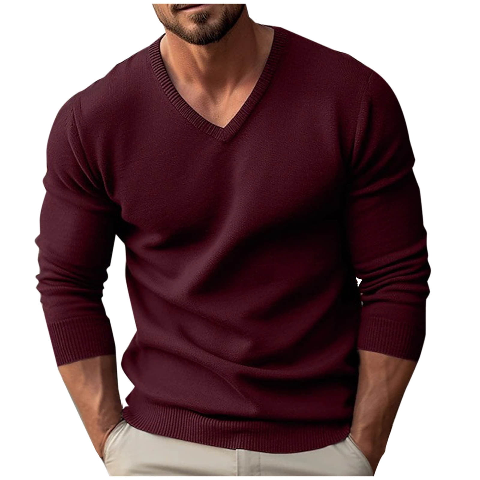 Wyobmus Men's V Neck Long Sleeve Sweater Solid Color Casual Loose Fit ...