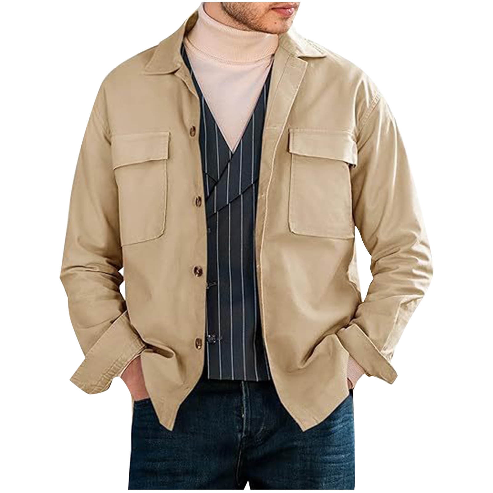 Wyobmus Mens Button Down Shirt Jacket Casual Cotton Shacket Lightweight ...