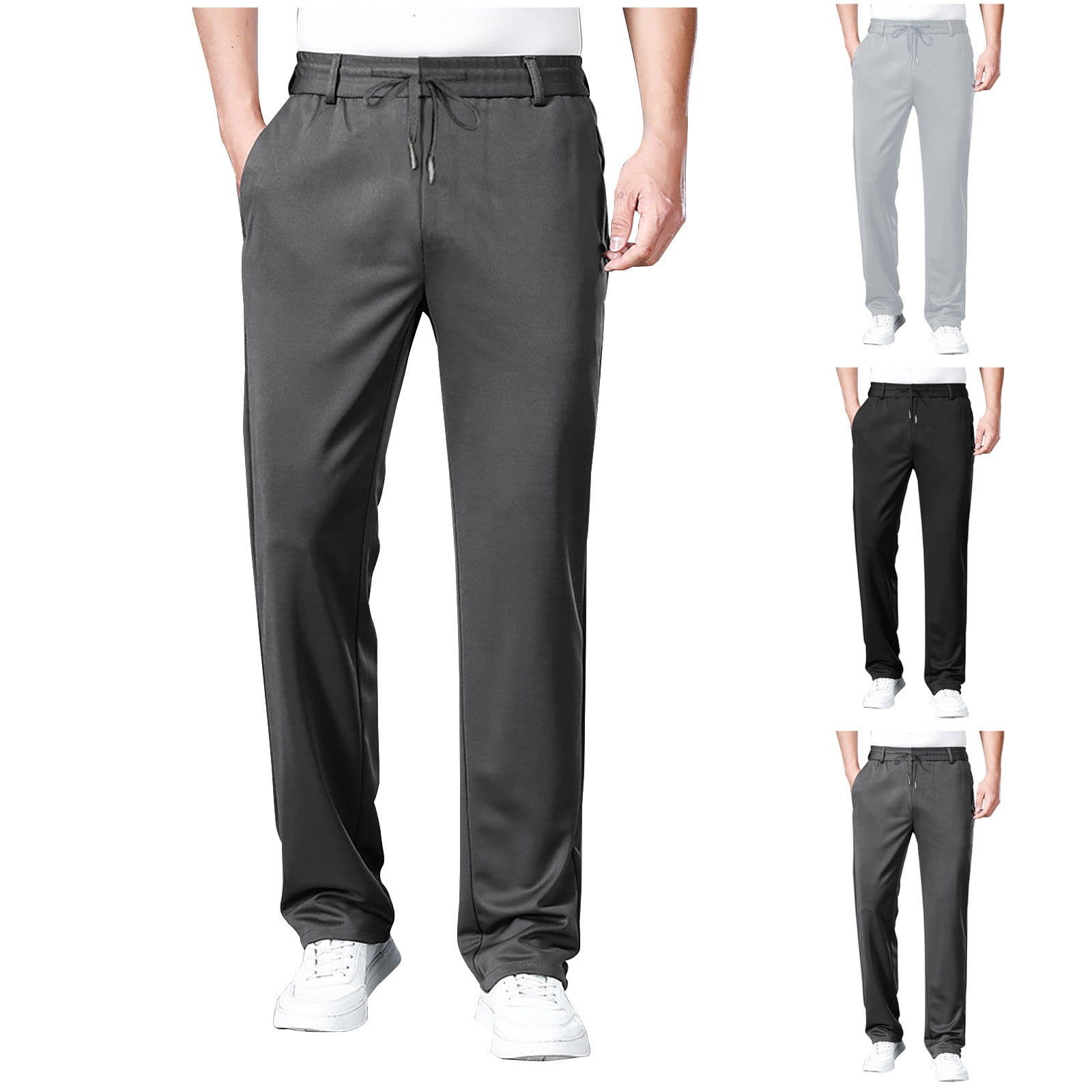 Wyobmus Mens Casual Pants Solid Color Baggy Slacks Elastic Waist ...