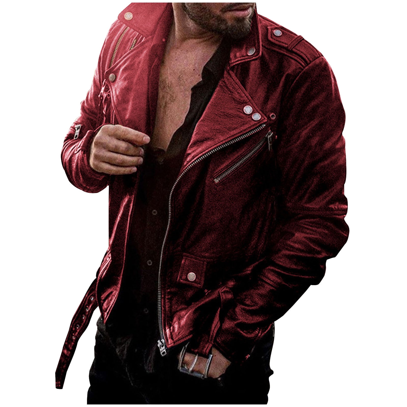 Wyobmus Mens Classic Faux Leather Moto Jacket Casual Motorcycle Zip Up ...