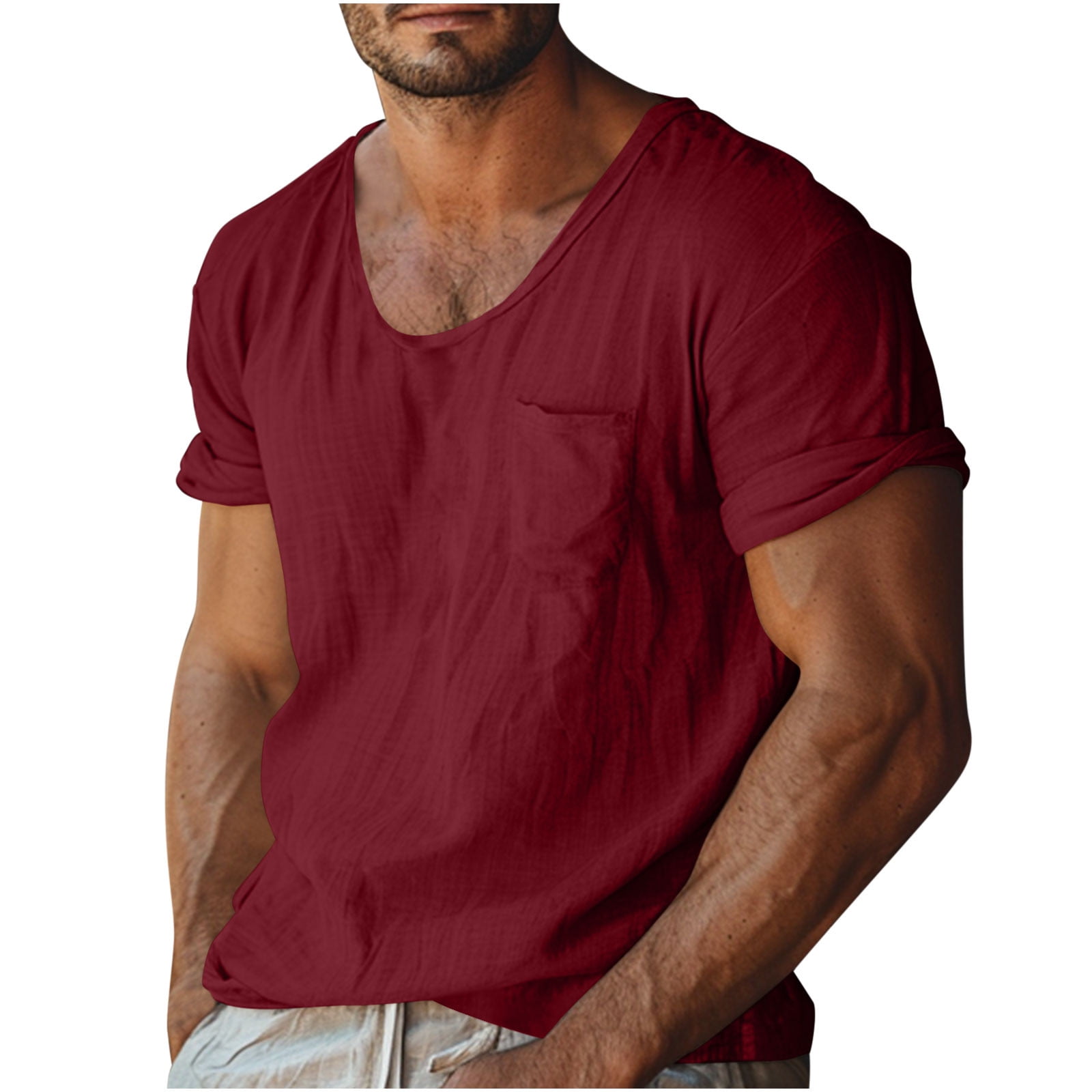 Wyobmus Mens Crew Neck Linen Shirt Short Sleeve Loose Cotton Muscle ...
