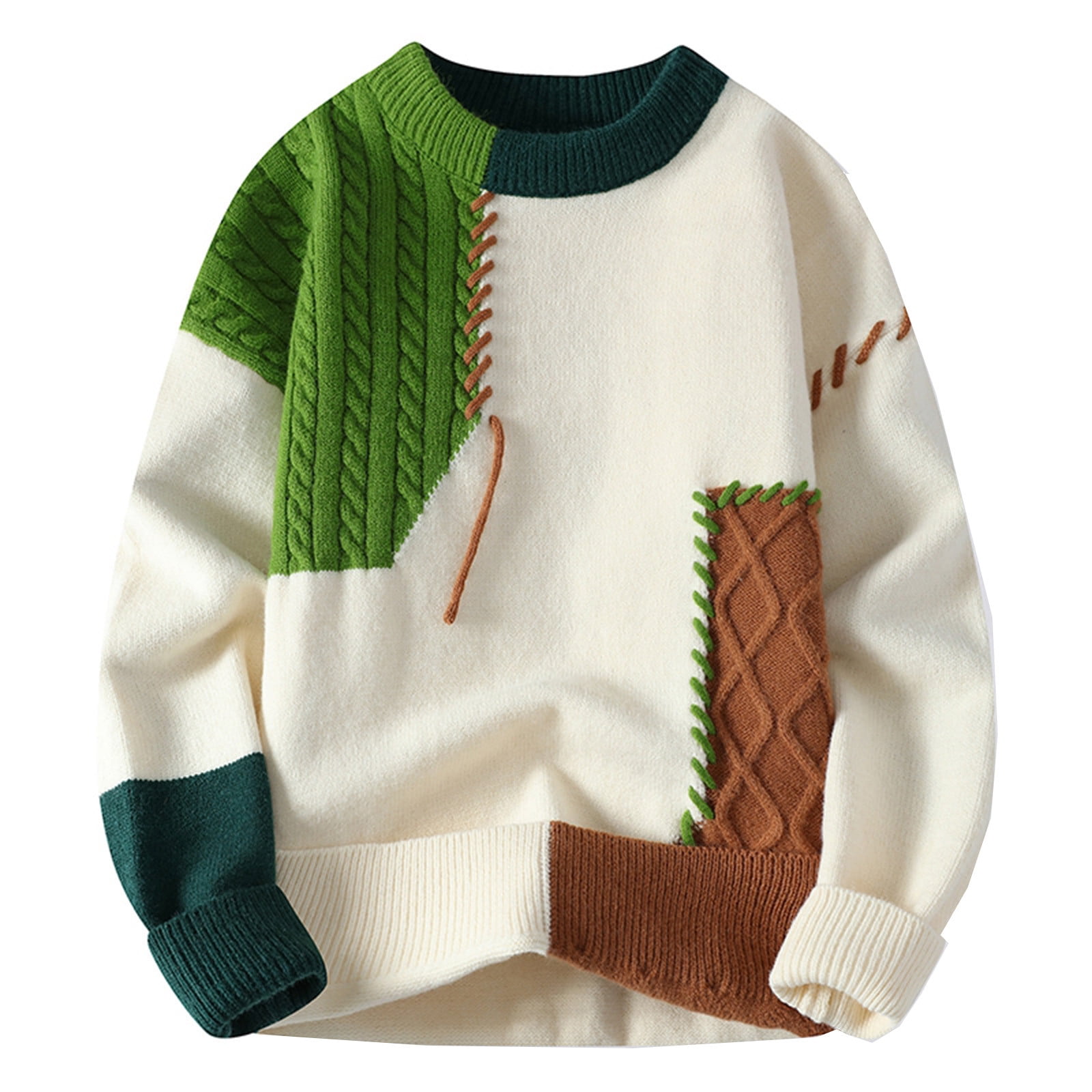Wyobmus Mens Crewneck Cable Knit Sweater Stretch Color Blocked Plaid ...