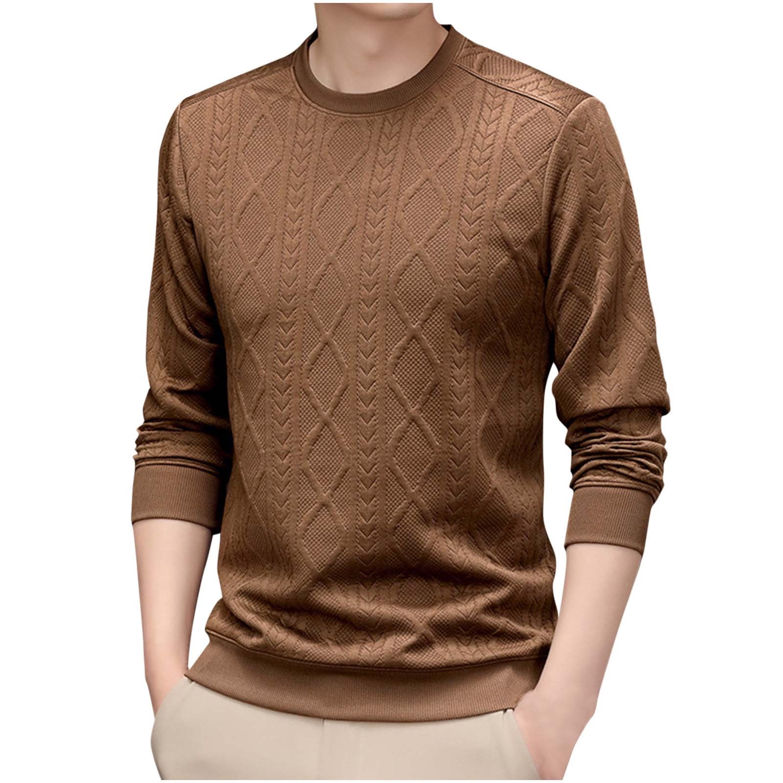 Wyobmus Mens Crewneck Shirts Solid Color Weave Texture Long Sleeves ...