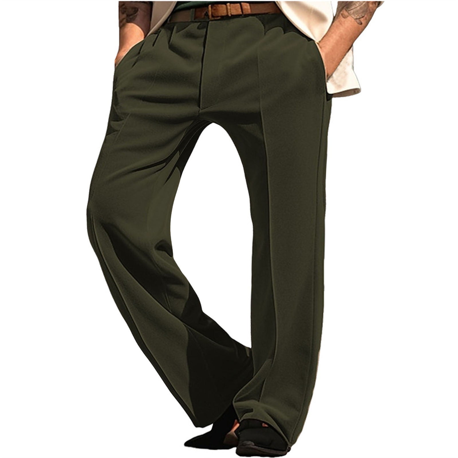 Wyobmus Mens Dress Pants Classic Fit Expandable-Waist Flat Front Button ...