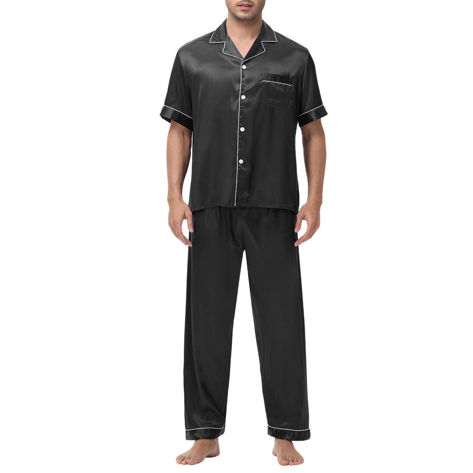 Wyobmus Mens Ice Silk Pajamas Set Spring Summer Short Sleeve Satin ...