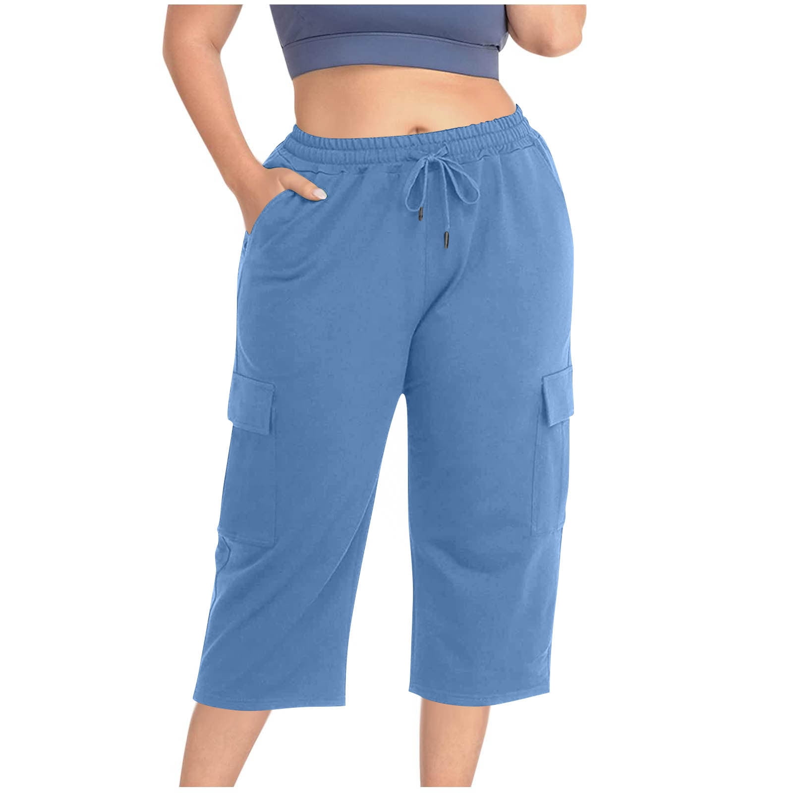 Wyobmus Plus Size Women Capri Pants Elastic Waist Oversiezed Cargo Pants Baggy Tapered Leg ...