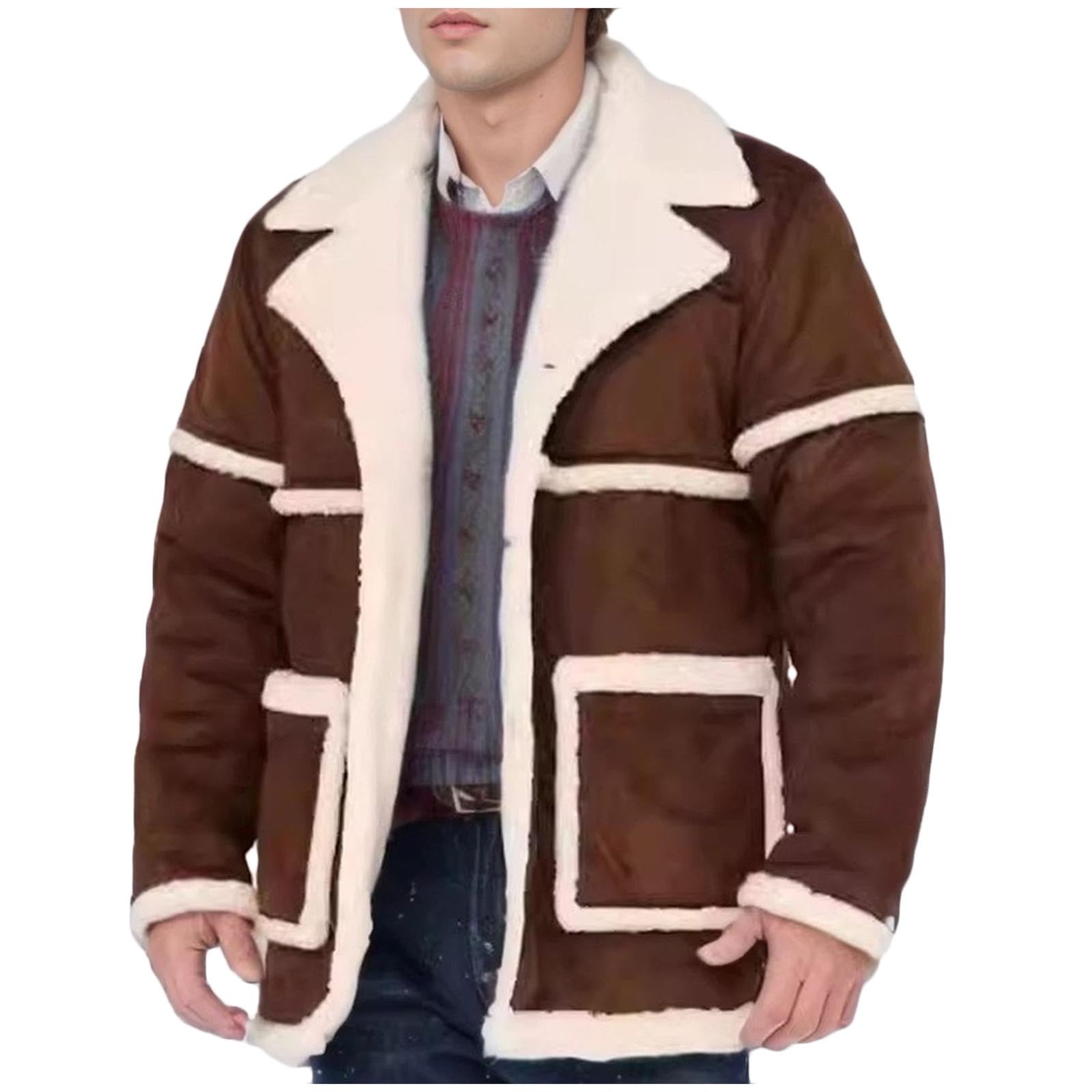 Wyobmus Shearling Jacket for Men Notched Lapel Shearling Coats Winter ...