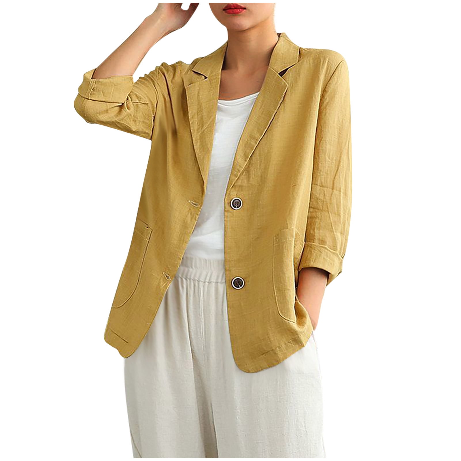 Wyobmus Summer Linen Blazer for Women Lightweight 3/4 Stretchy Ruched ...