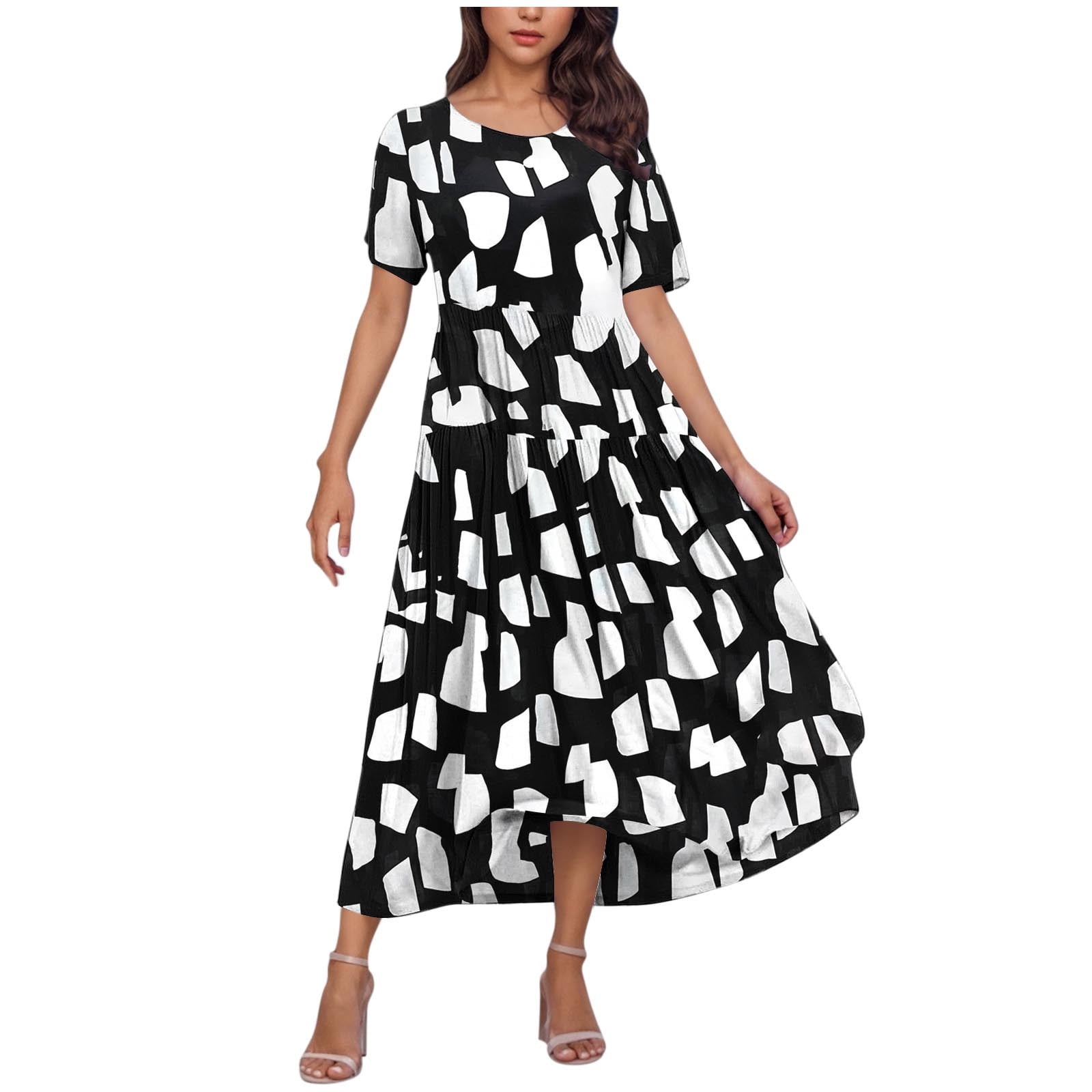 Wyobmus Women Dress Short Sleeve Boat Neck Maxi Dress Casual Floral Printed Aline Flowy Tshirt ...