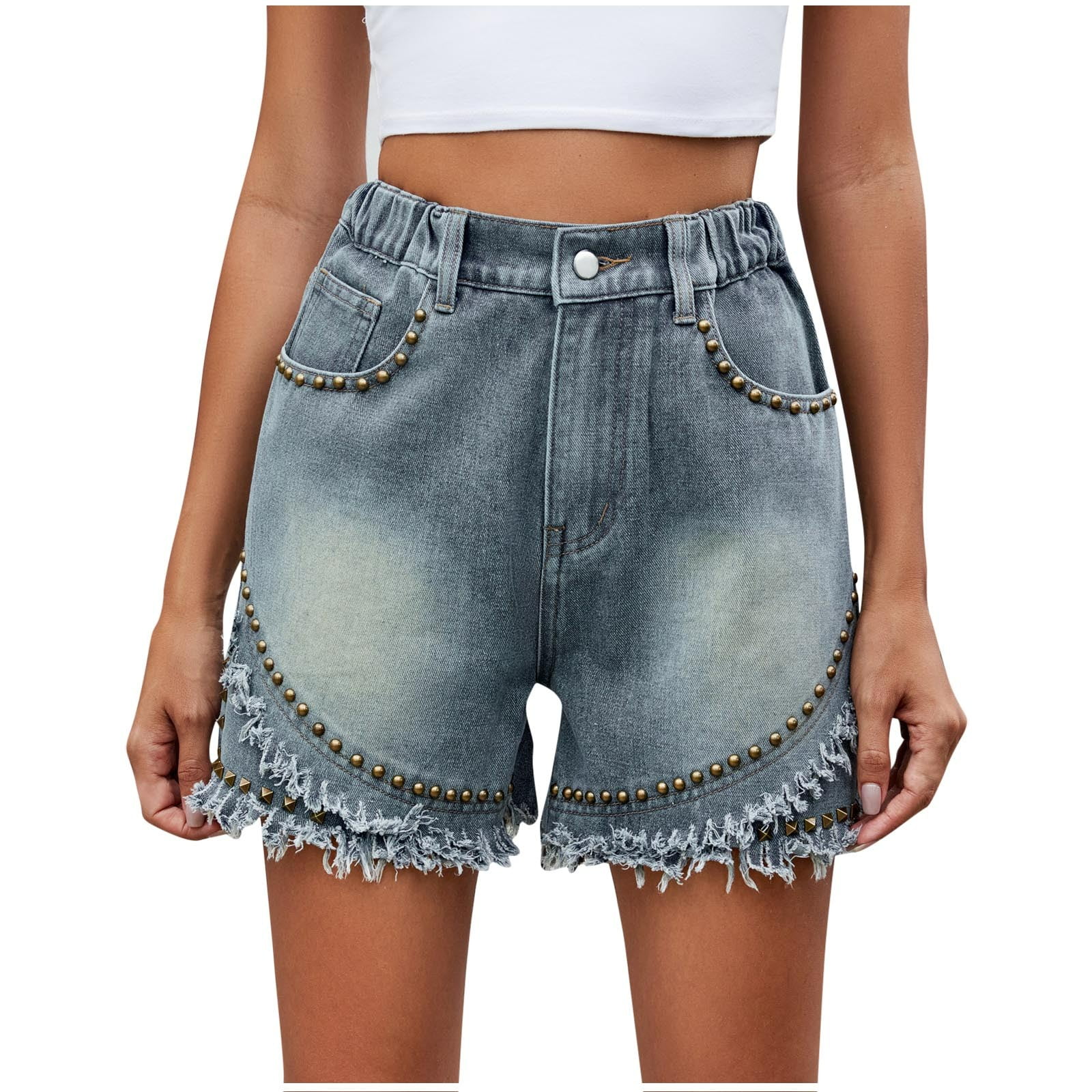 Wyobmus Women Mid Rise Ripped Stretchy Jeans Shorts Frayed Raw Hem ...