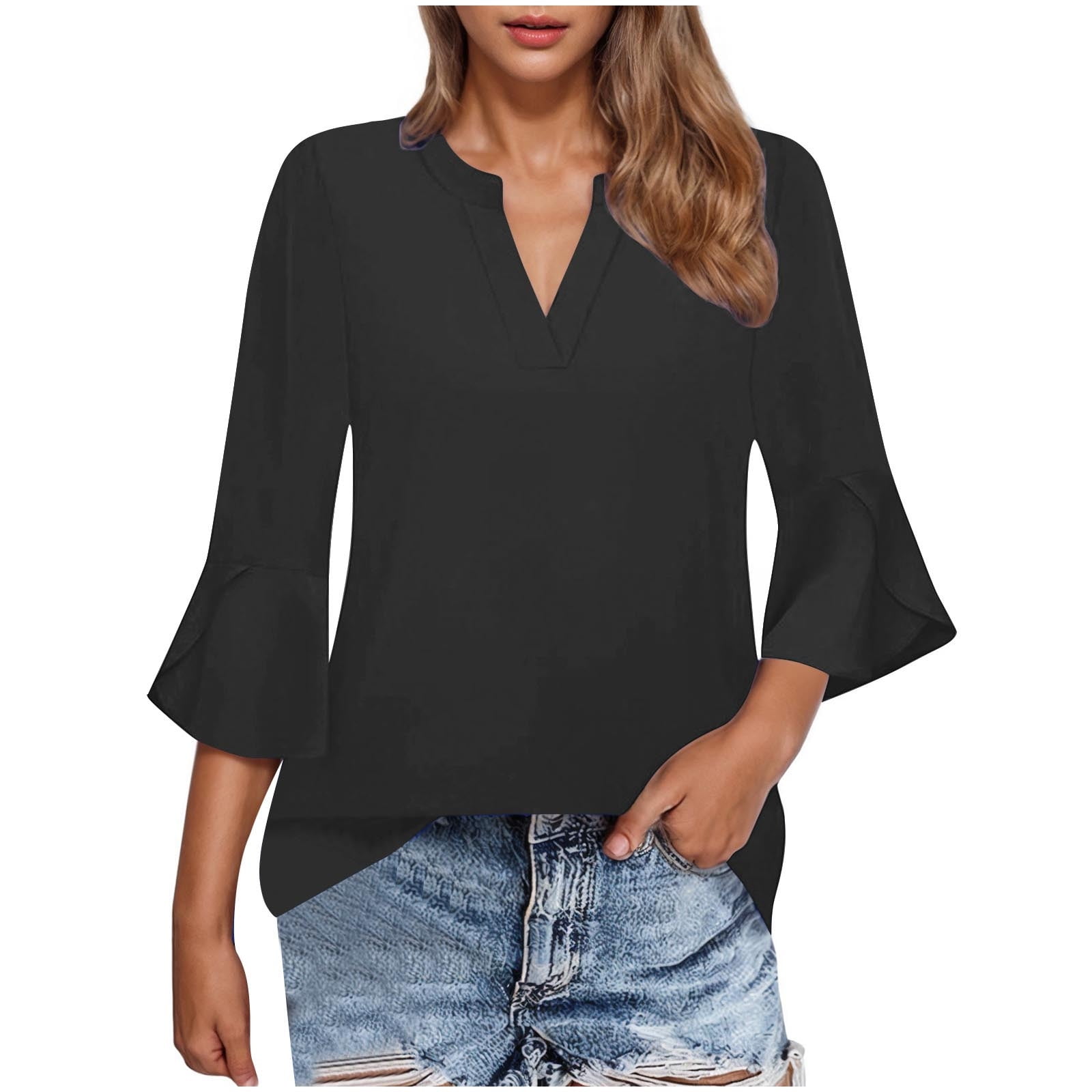 Wyobmus Women's 3/4 Bell Sleeve Tops Casual Summer Shirts Notch Loose ...