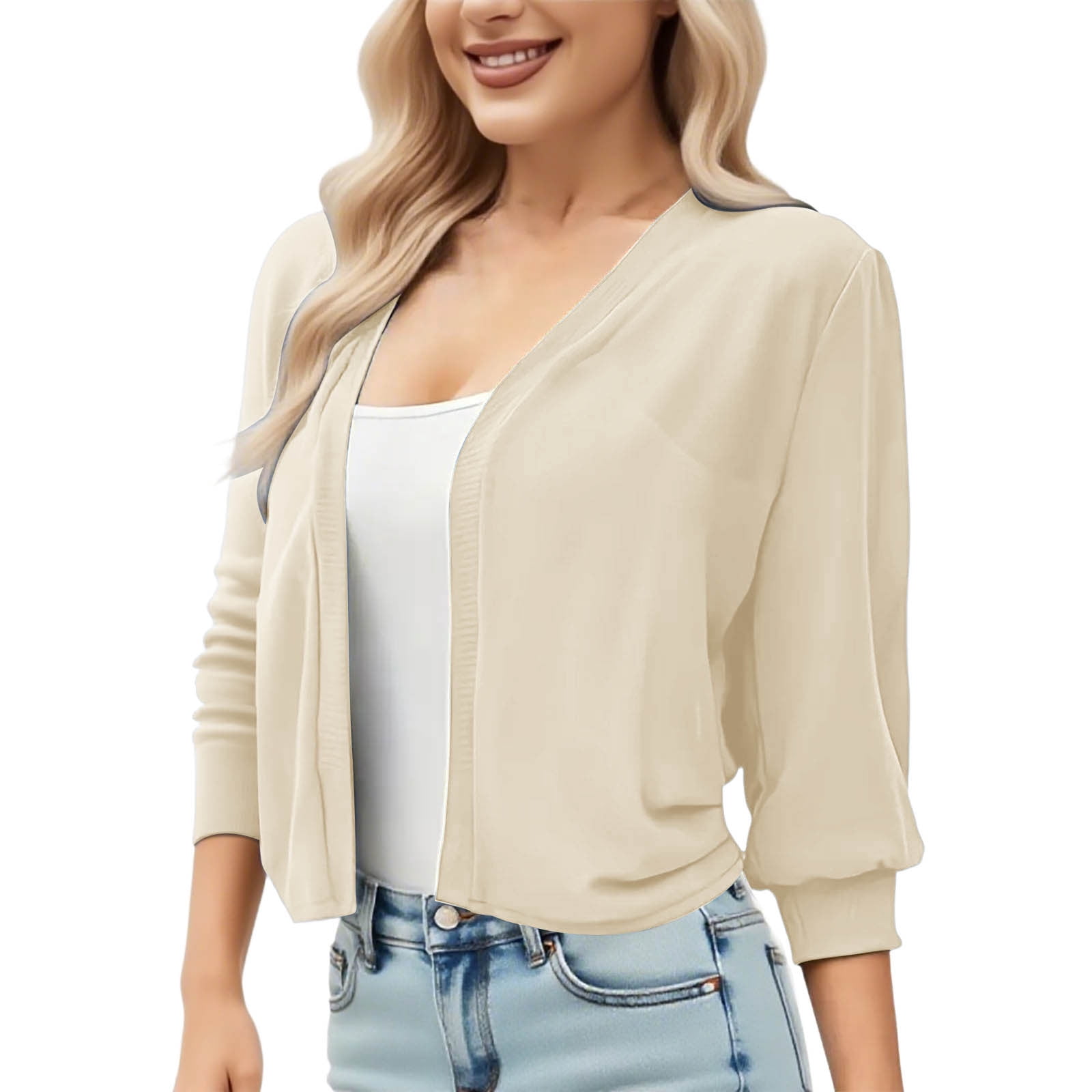 Wyobmus Women's 3/4 Sleeve Open Front Cropped Cardigan Lightweight ...