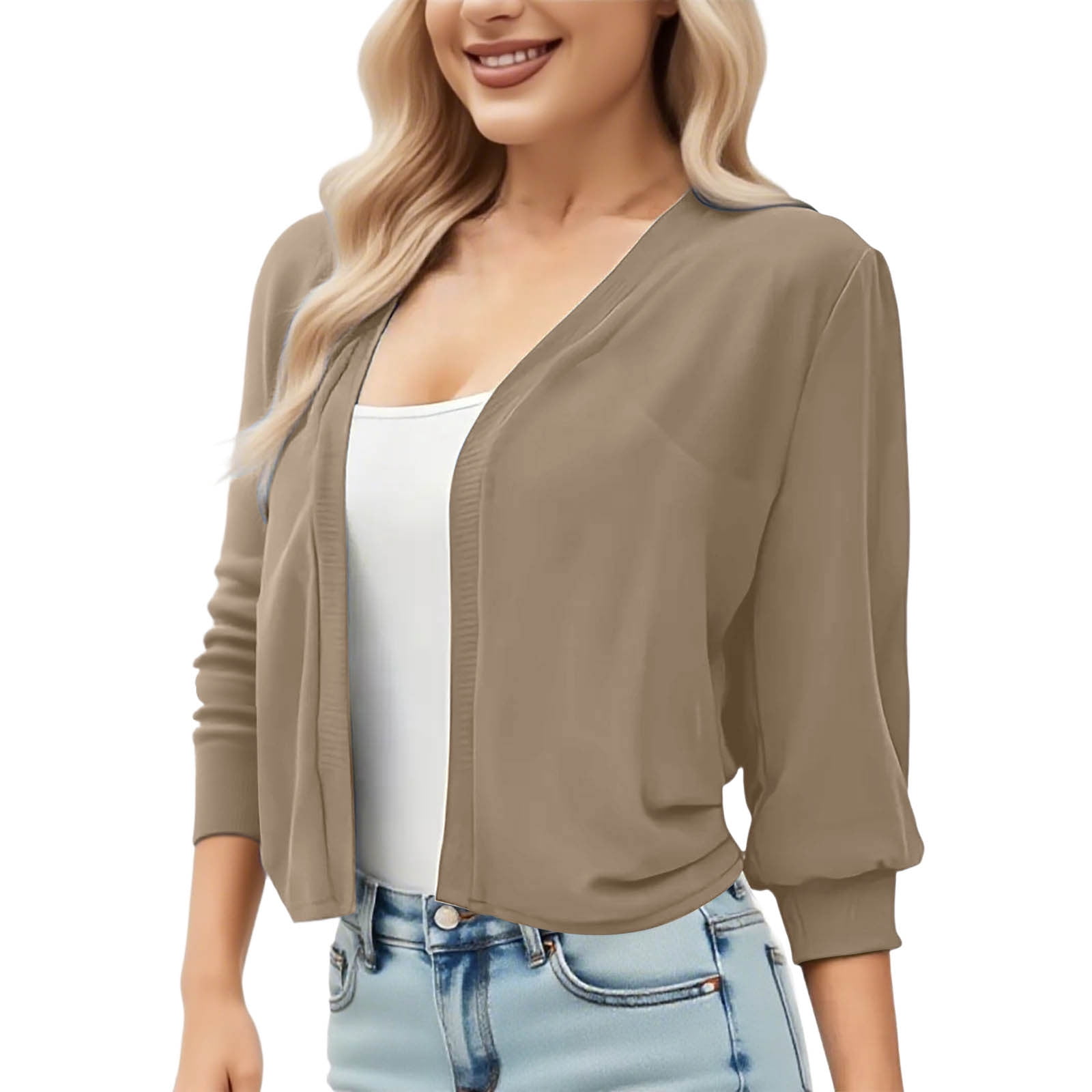 Wyobmus Women's 3/4 Sleeve Open Front Cropped Cardigan Lightweight ...