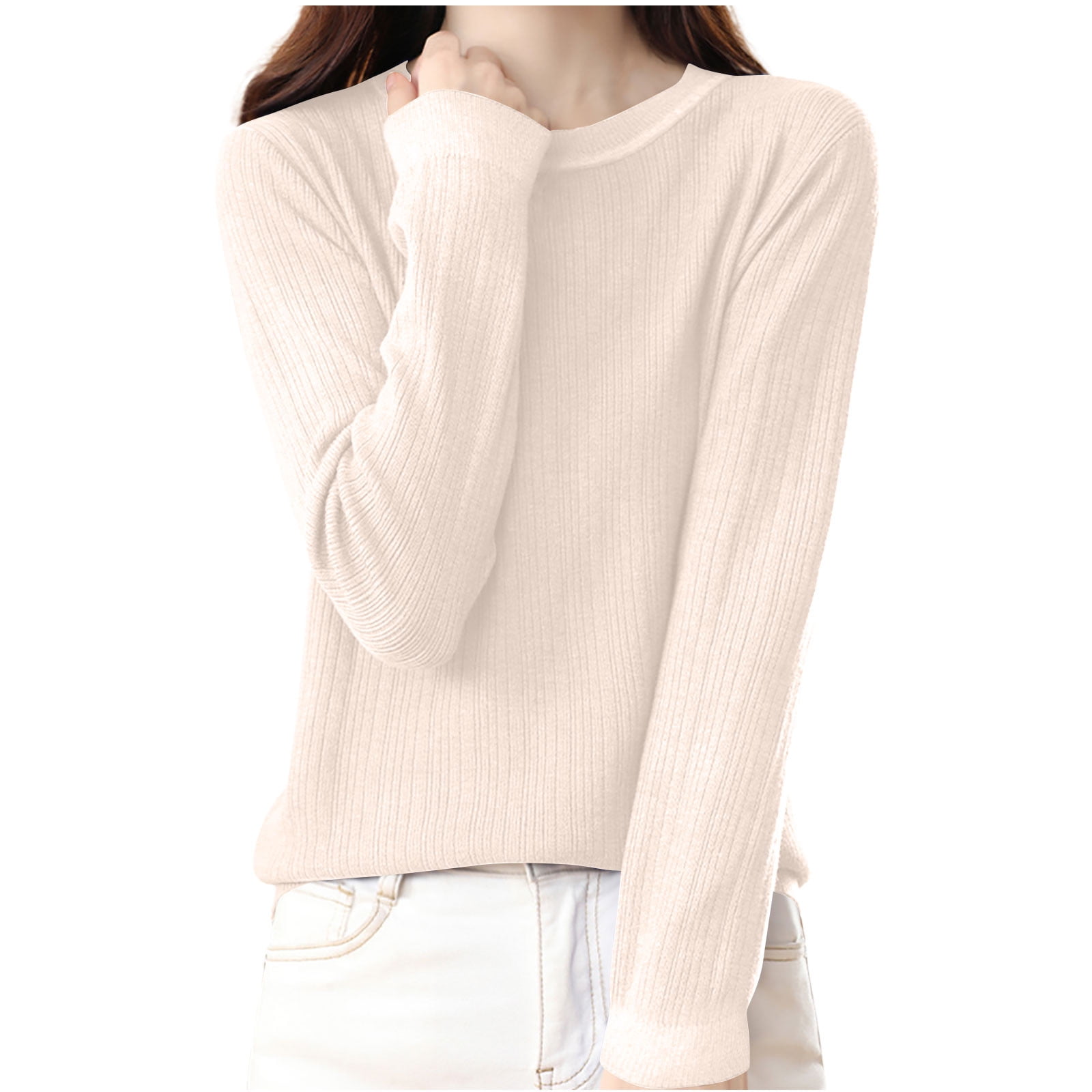 Wyobmus Women's Basic Crew Neck Sweater Loose Fit Solid Color Rib Knit Long Sleeve Sweater Top A ...