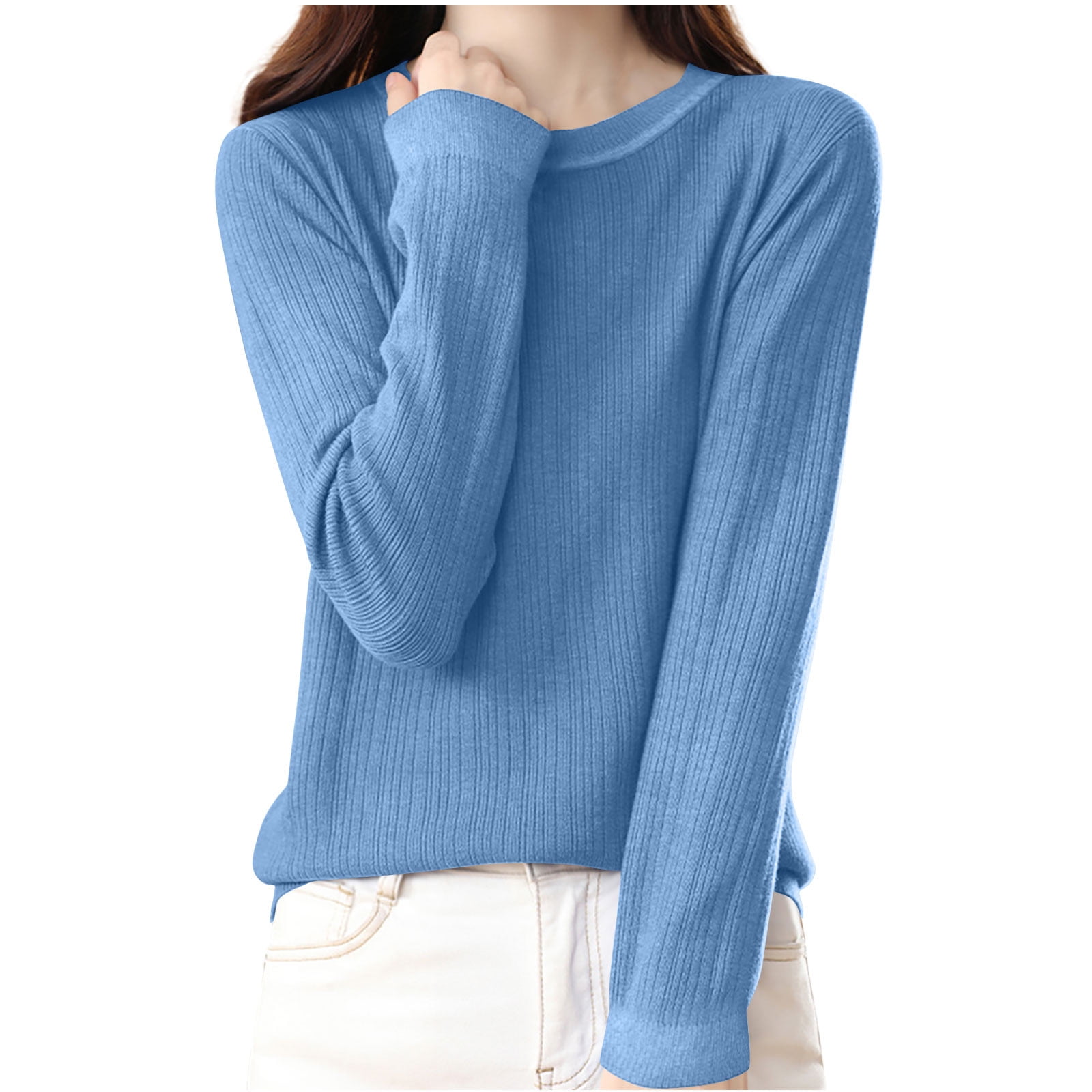 Wyobmus Women's Basic Crew Neck Sweater Loose Fit Solid Color Rib Knit Long Sleeve Sweater Top A ...