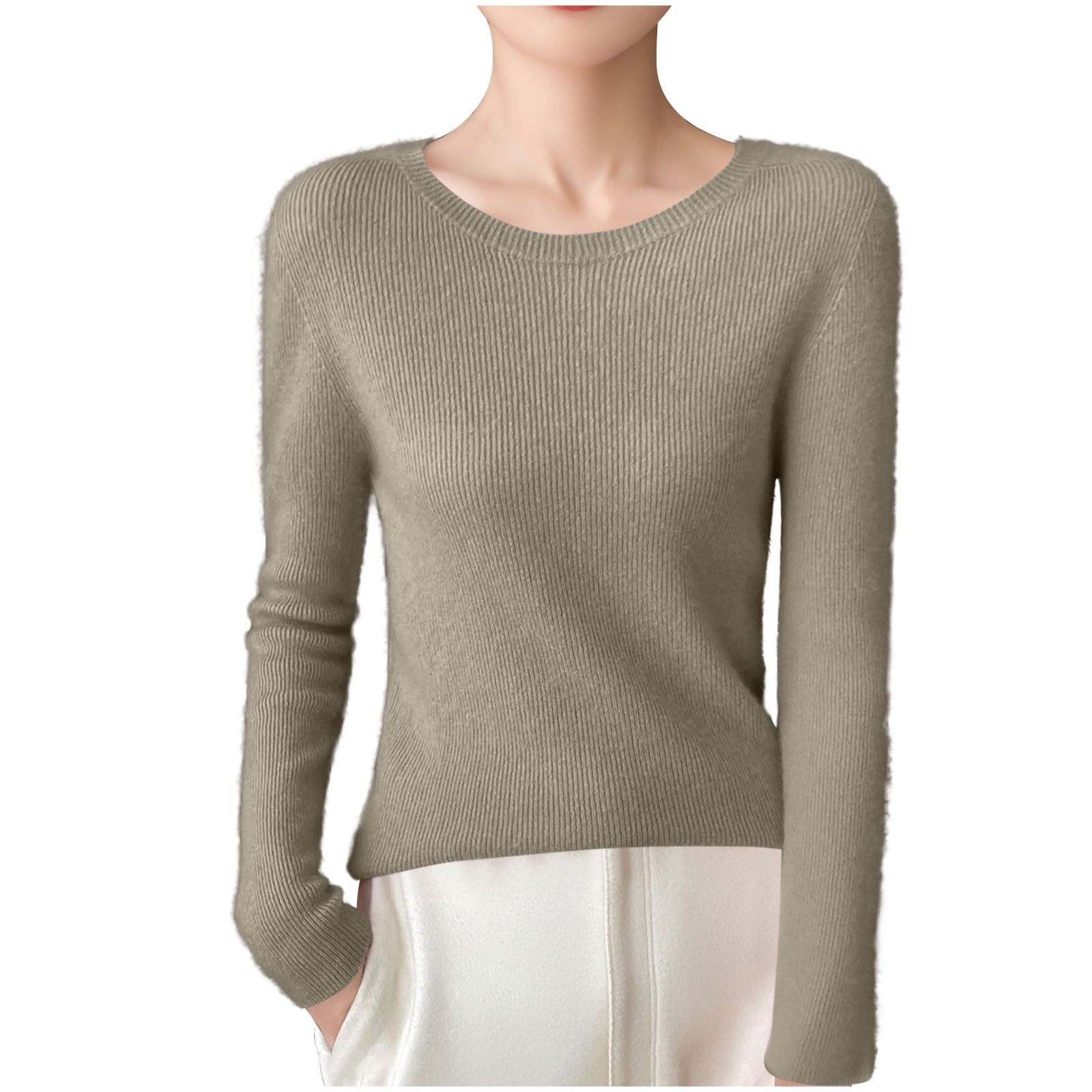Wyobmus Women's Basic Crew Neck Sweater Loose Fit Solid Color Rib Knit ...