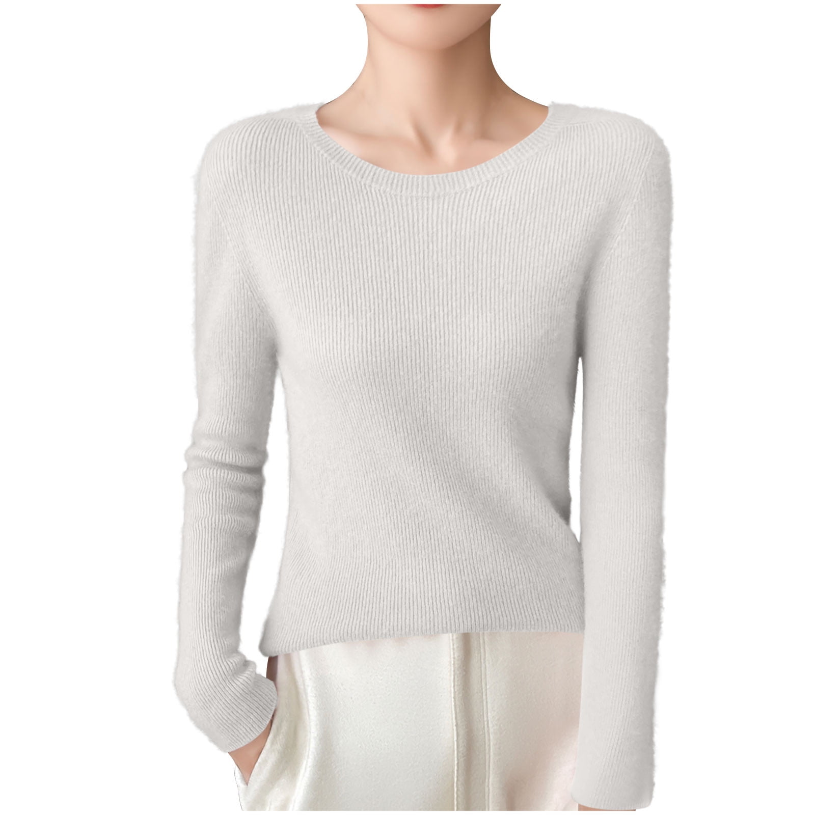 Wyobmus Women's Basic Crew Neck Sweater Loose Fit Solid Color Rib Knit ...