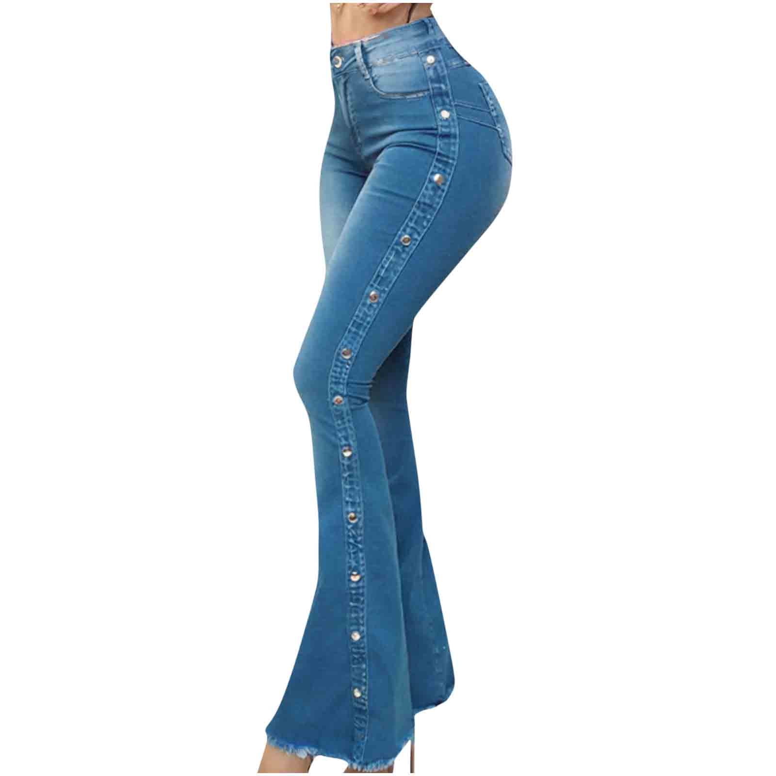 Wyobmus Women's Bell Bottom Jeans High Waist Pocket Button Skinny Jeans ...
