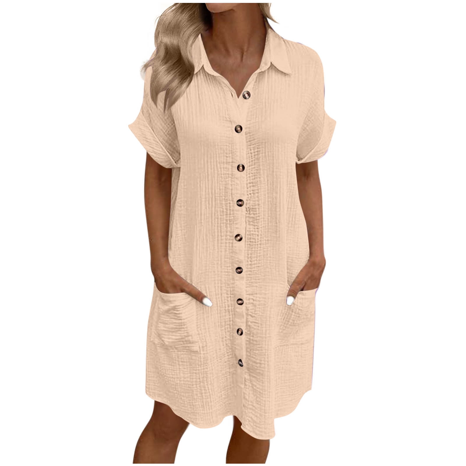 Wyobmus Women's Button Down Summer Dress Rolled Short Sleeve Collared ...