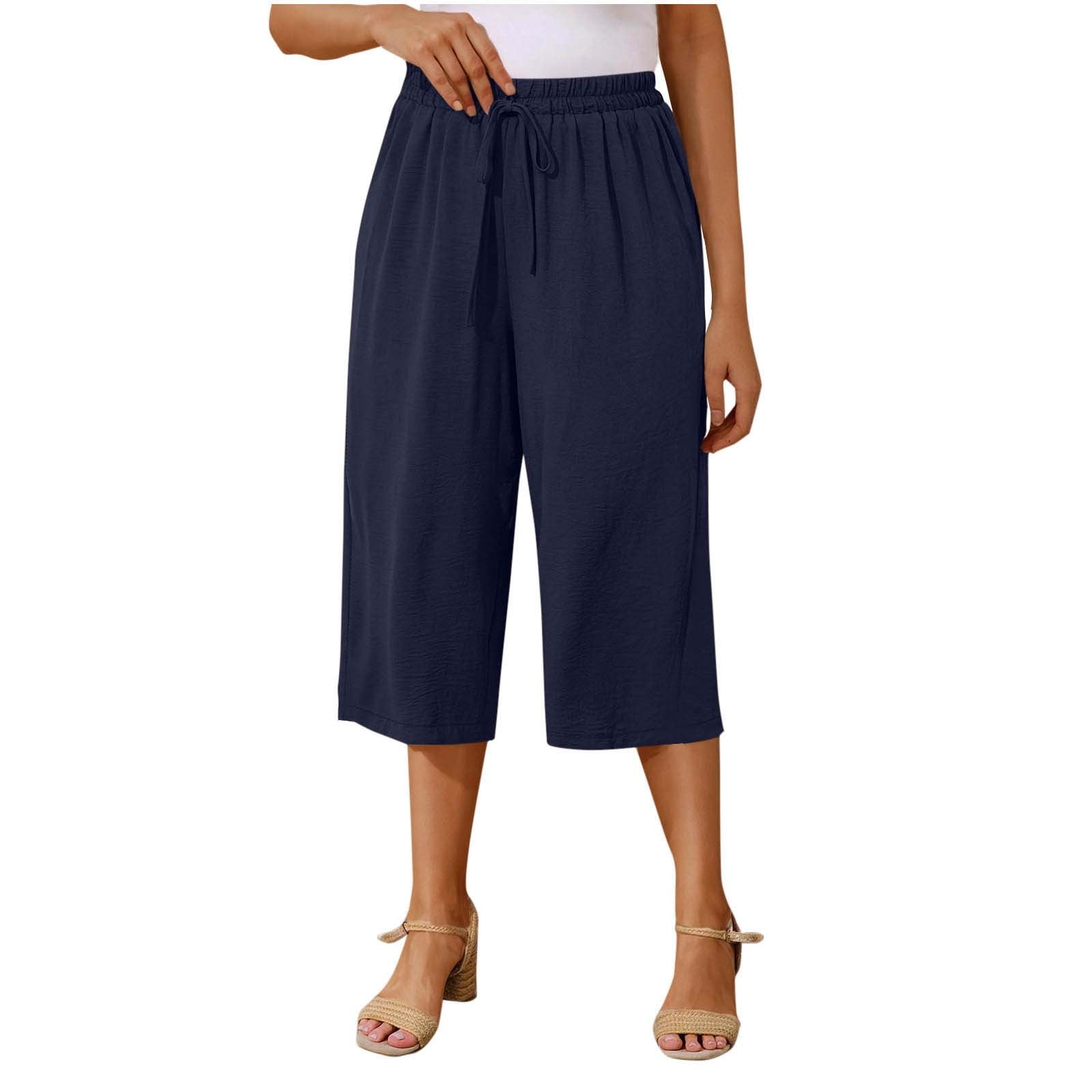 Wyobmus Women's Capri Pants Linen Drawstring Waist Capris Solid Color Casual Summer Loose ...