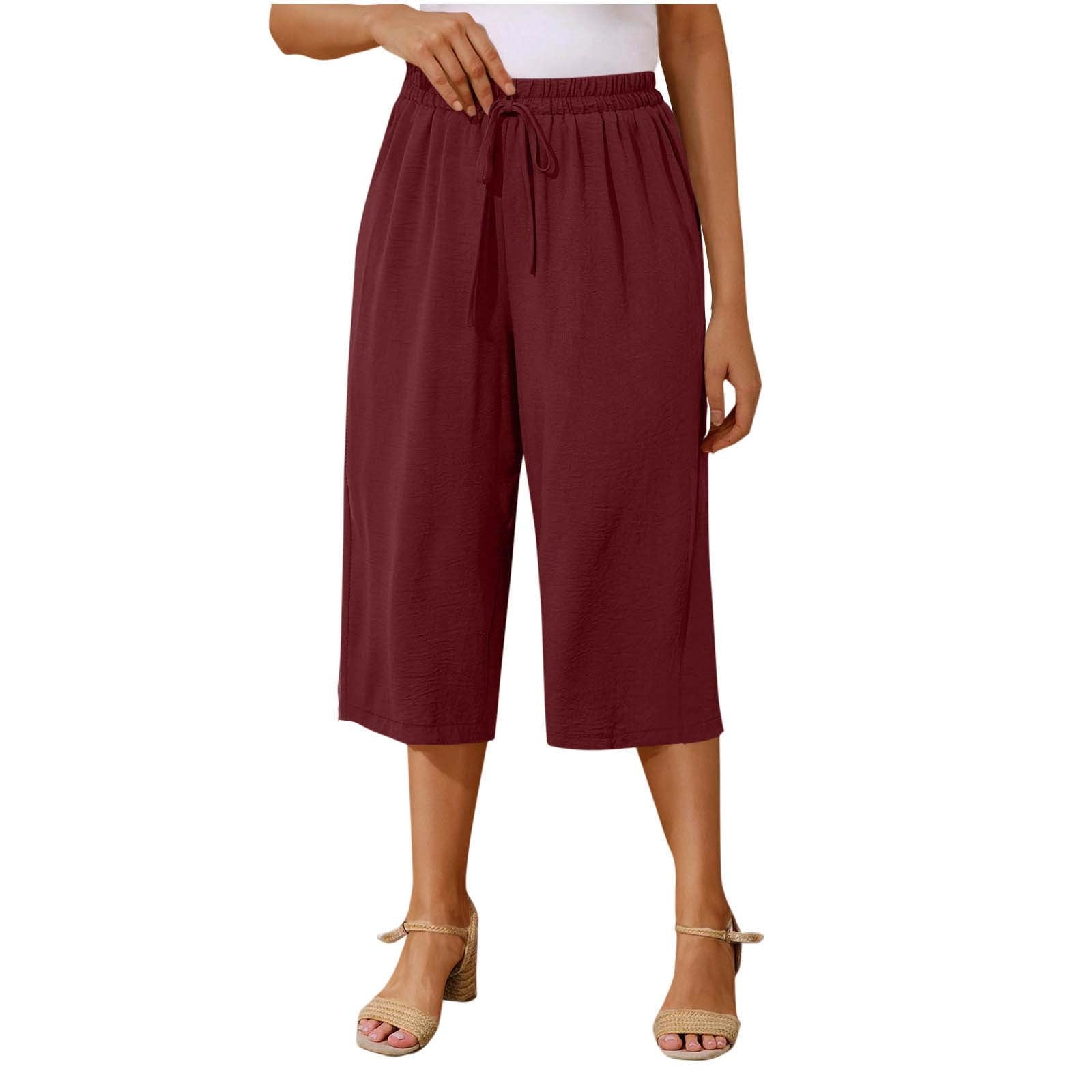 Wyobmus Women's Capri Pants Linen Drawstring Waist Capris Solid Color ...