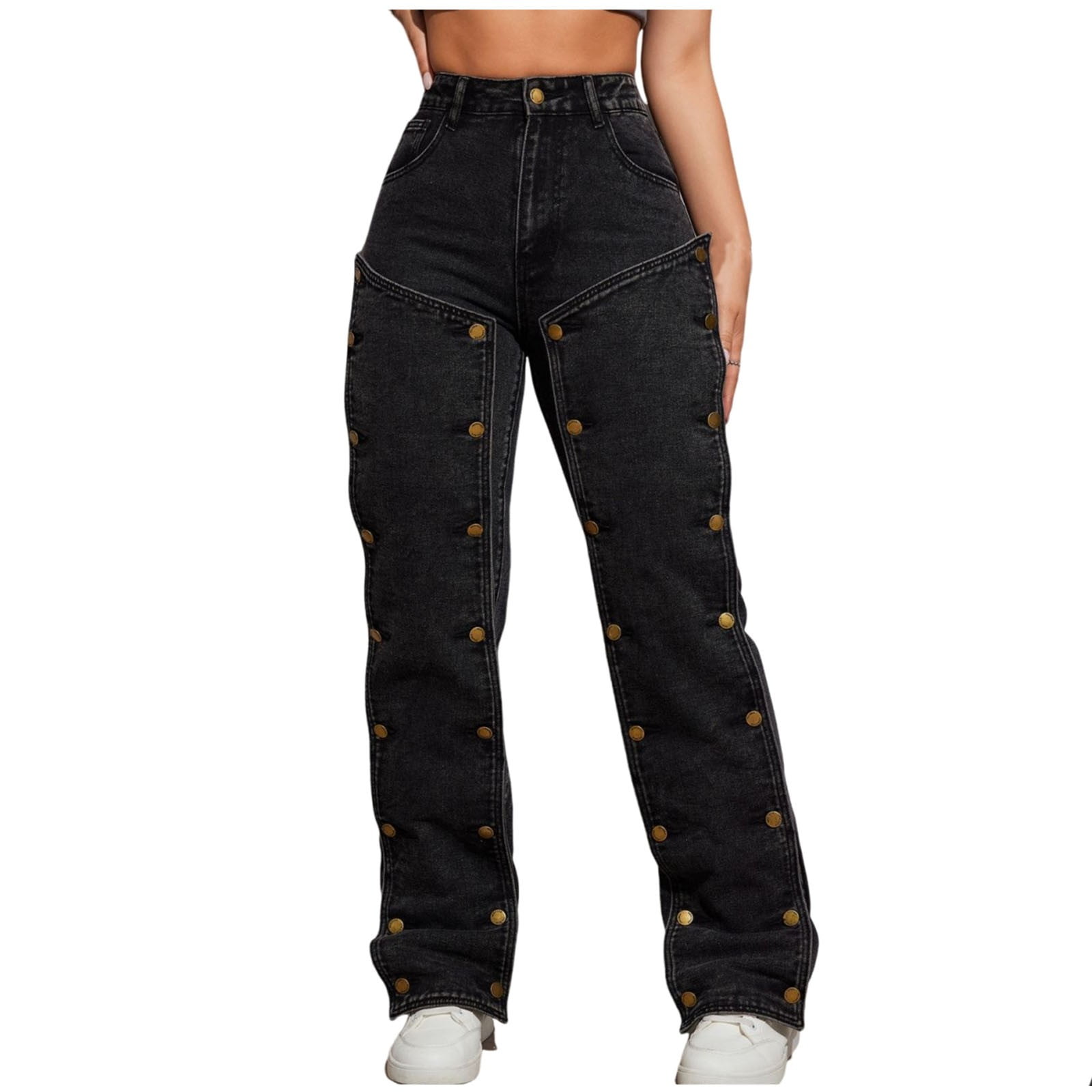 Wyobmus Women's Denim Cargo Pants Detachable Multi Buttons Work Pants ...