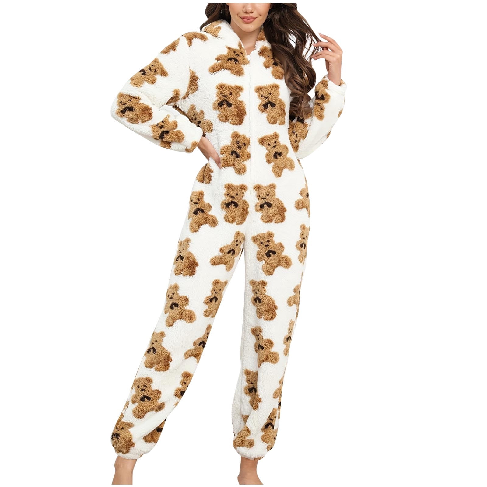 Wyobmus Women's Fleece Onesie Hooded Pajamas Zipper Front Long Sleeve ...