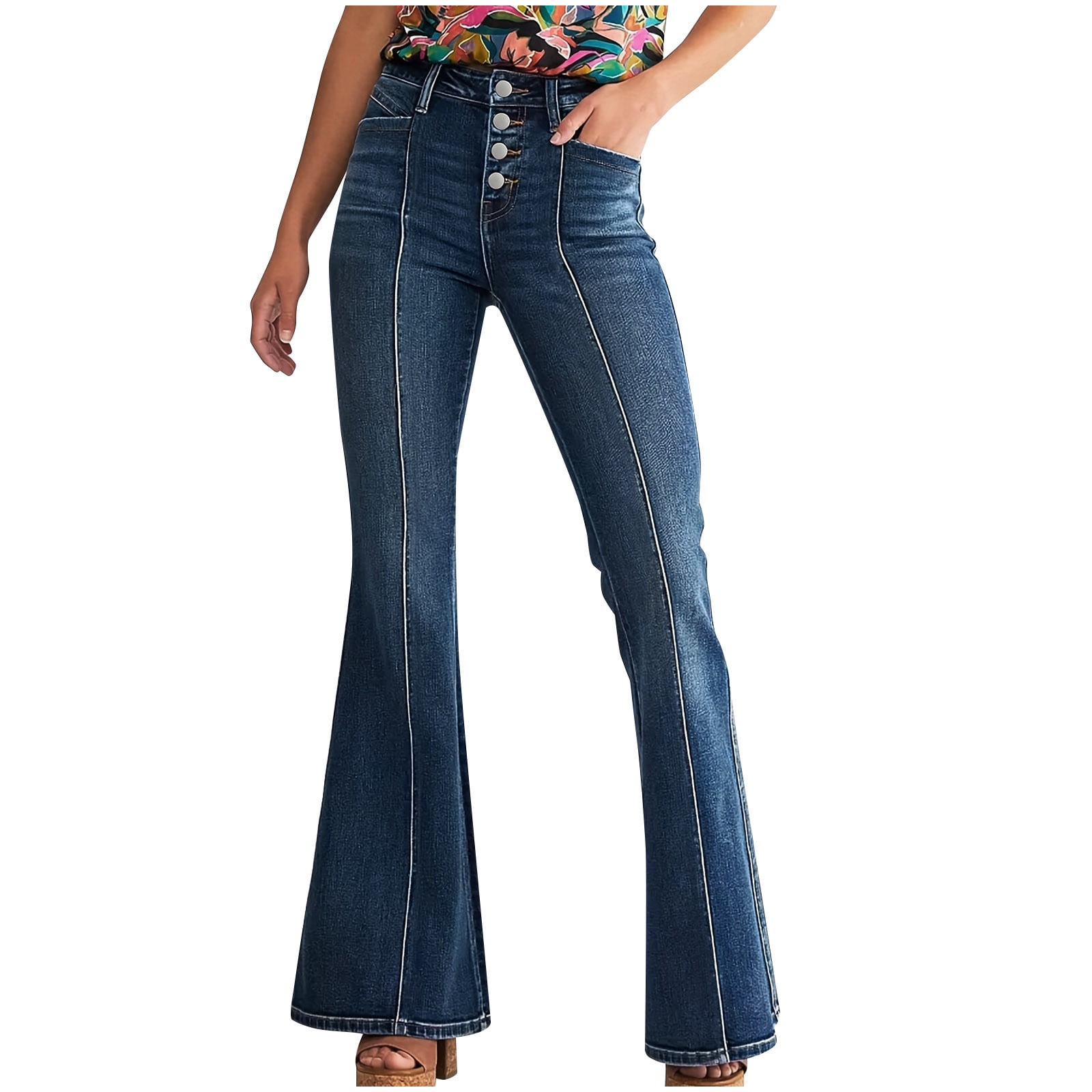 Wyobmus Women's Low Waisted Jeans Wide Leg Button Fly Bell Bottoms ...