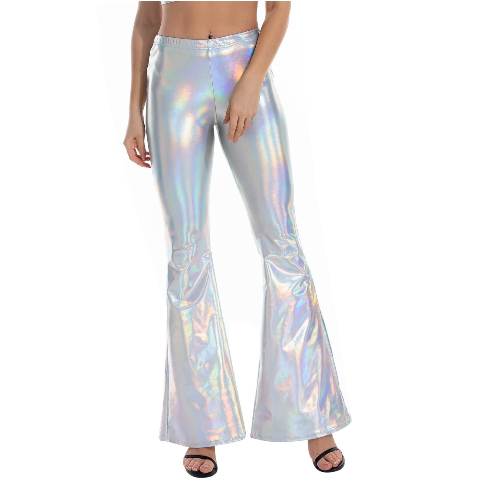 Wyobmus Women's Metallic Wide Leg Flared Pants High Waist Stretchy Bell ...