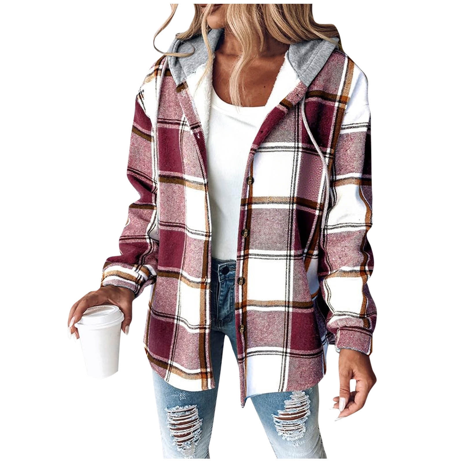 Wyobmus Women's Plaid Shacket Jacket Long Sleeve Button Down Flannel ...