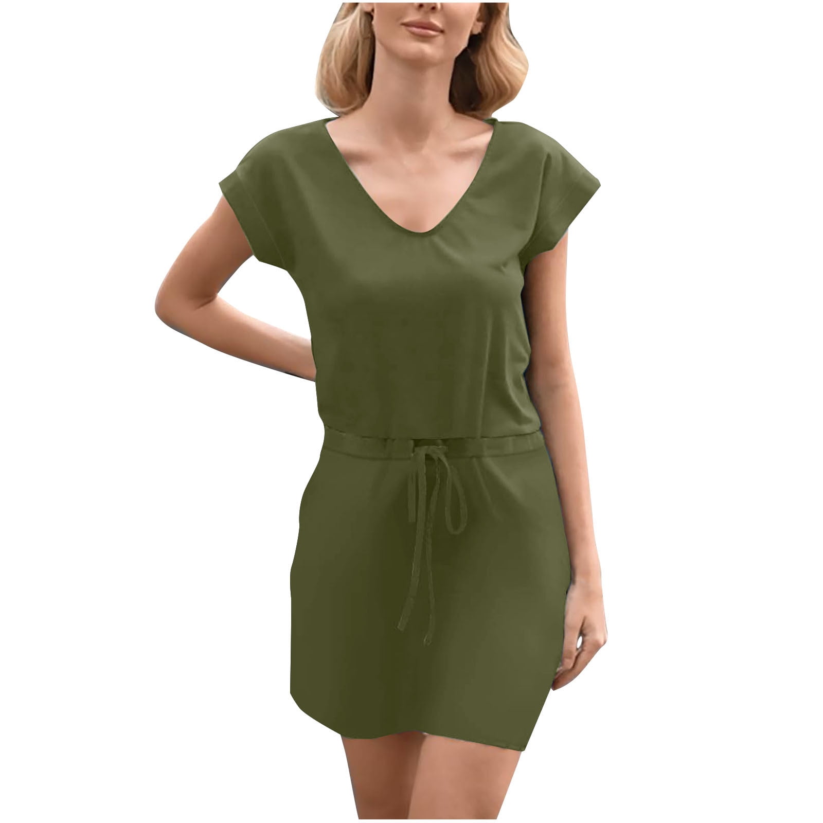 Wyobmus Women's Summer Deep V Neck Mini Dresses Solid Color Casual ...