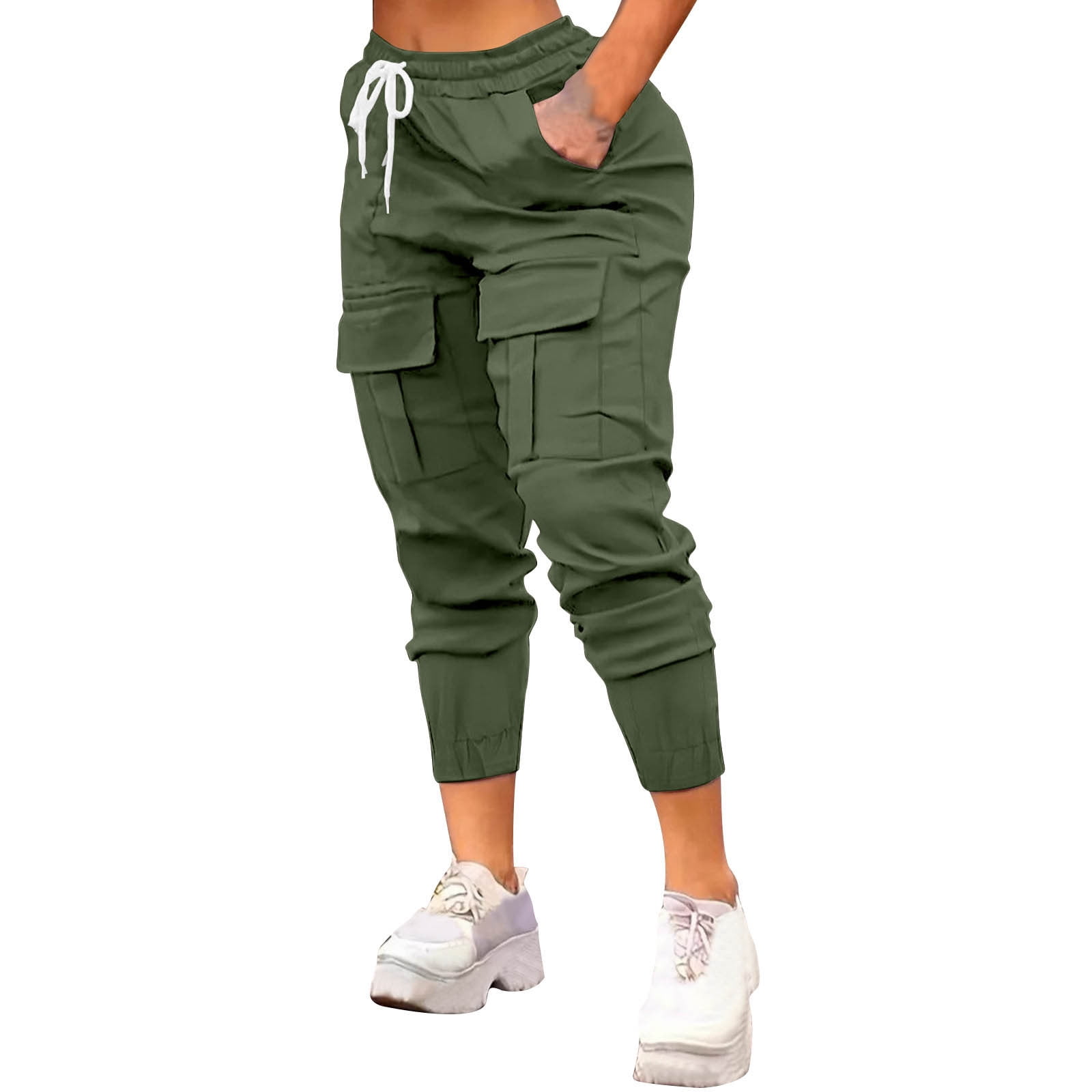 Wyobmus Womens Cargo Capri Pants With 4 Pockets Elastic Waist Casual Drawstring Sweatpants Loose ...