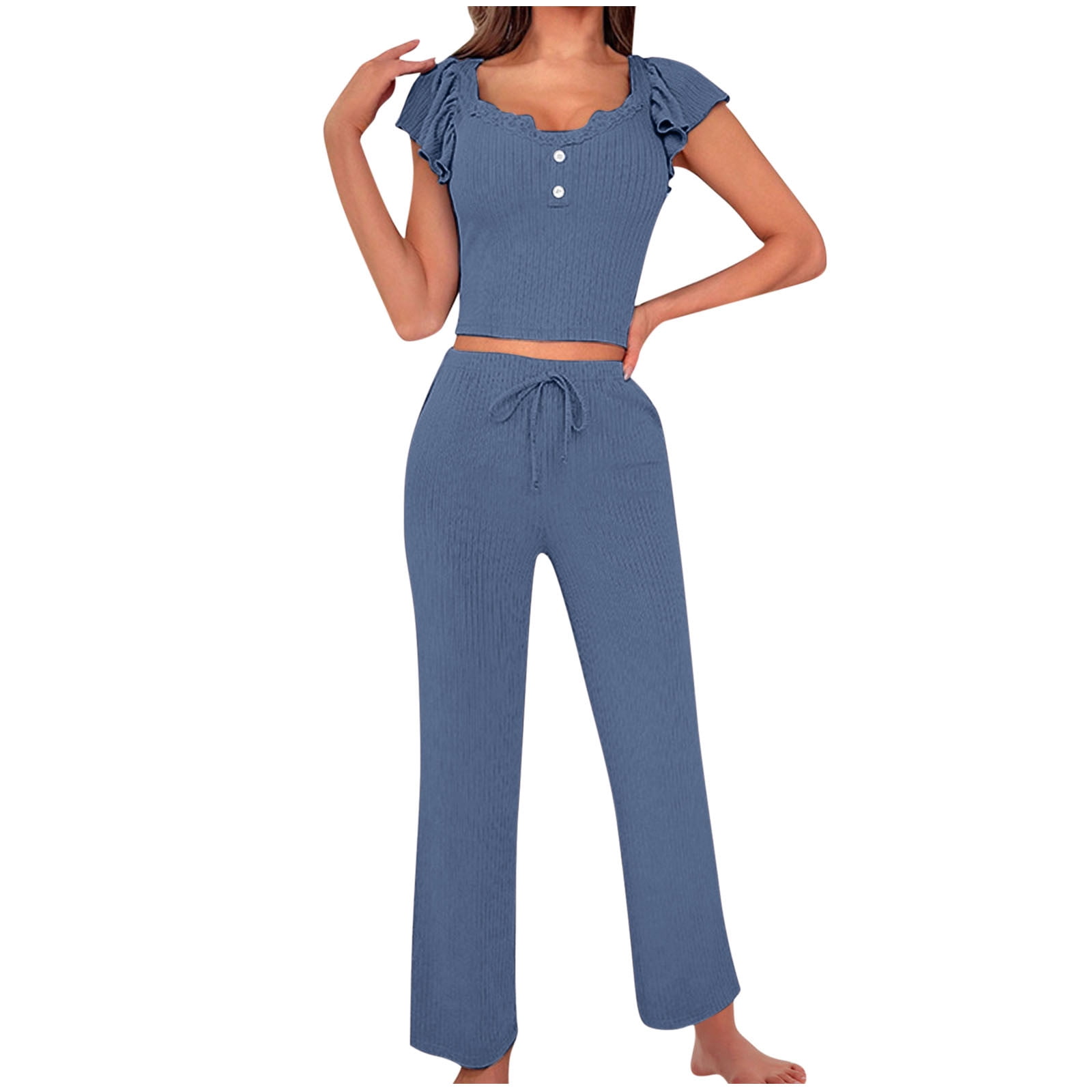 Wyobmus Womens Pajama Sets 2 Piece Knit Ribbed Sleep Suits Ruffed Short ...