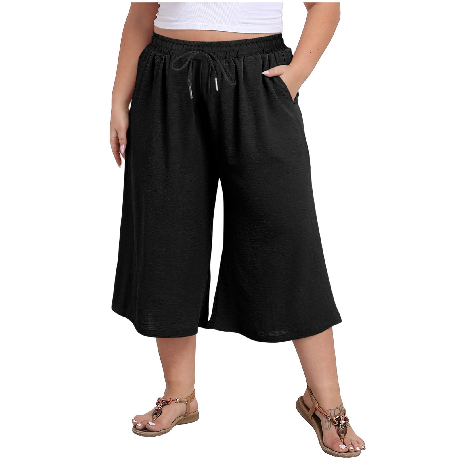 Wyobmus Womens Plus Size Linen Capri Pants High Waisted Loose Wide Leg Palazzo Capris Casual ...