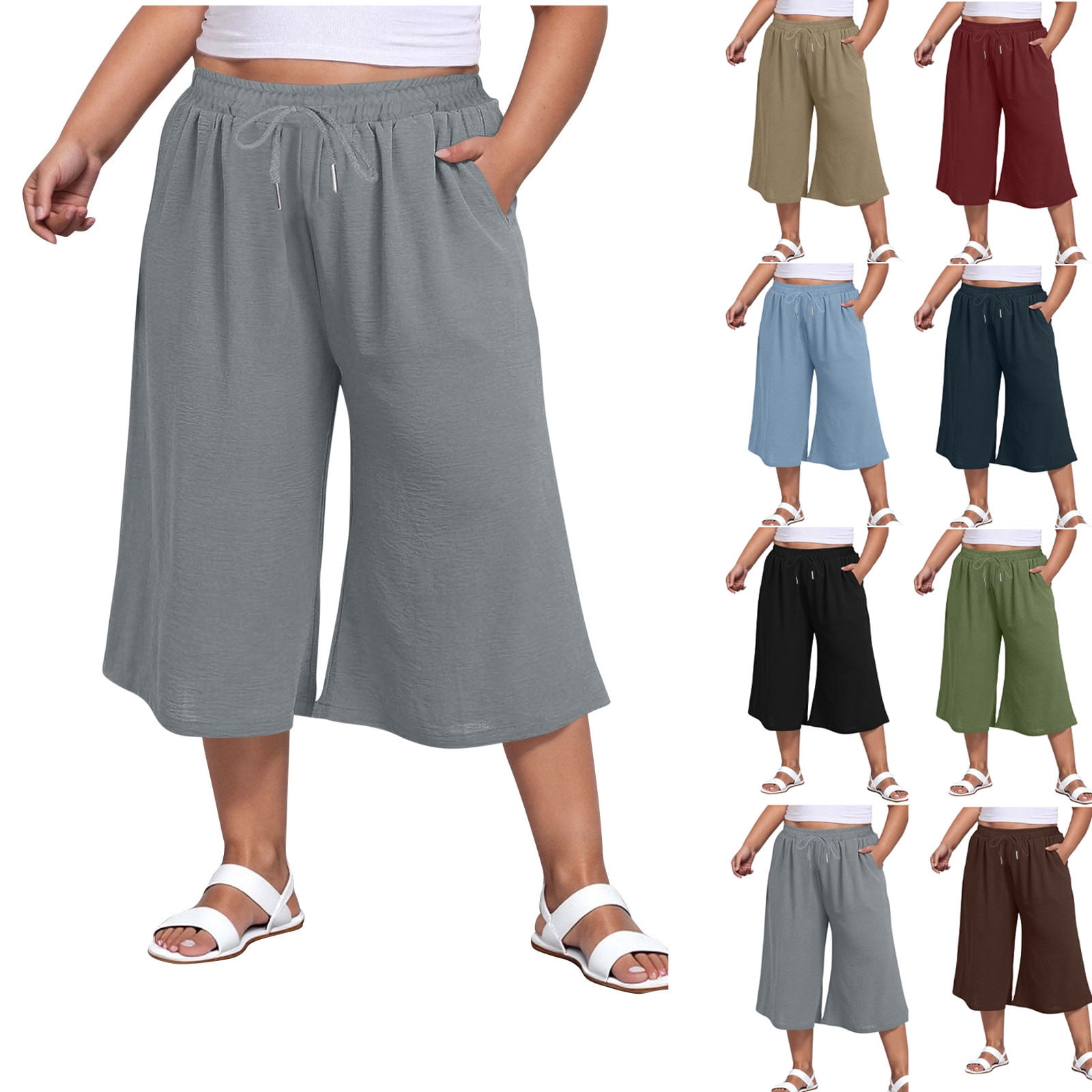 Wyobmus Womens Plus Size Linen Capri Pants High Waisted Loose Wide Leg Palazzo Capris Casual ...