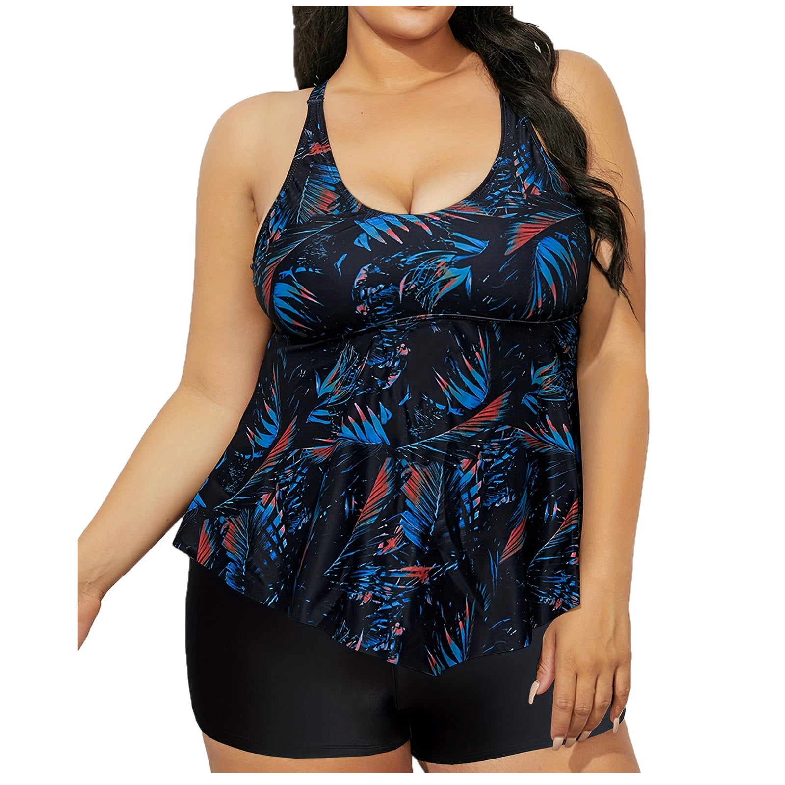 Wyobmus Womens Plus Size Tankini Swimsuit Two Piece Tummy Control Bathing Suits Flower Ruched ...