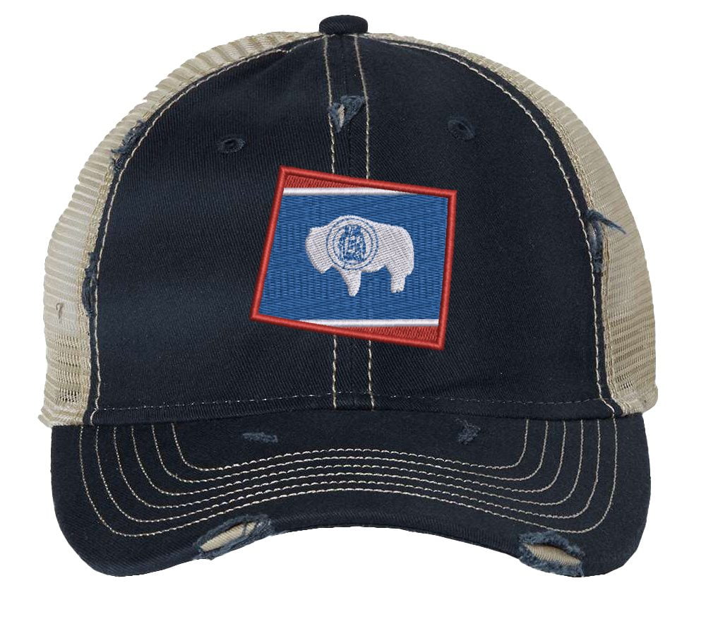 Wyoming Distressed Trucker Hat – Embroidered State Flag, Mesh Strapback Cap (NavyBlue) - Walmart.com