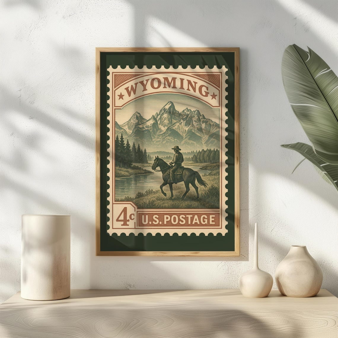 Wyoming Postage Stamp Poster Cowboy & Horse Retro Poster Vintage Style ...