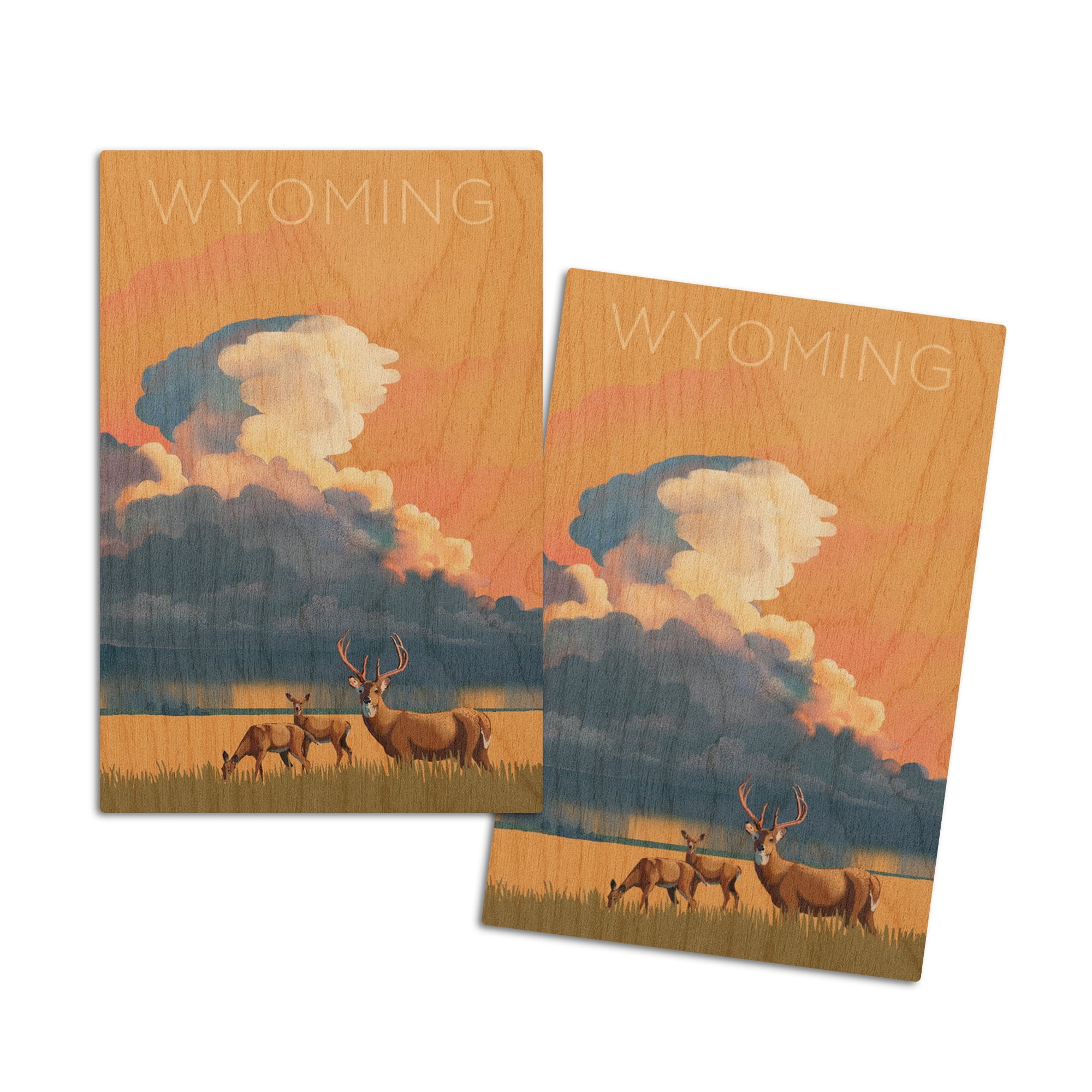 Wyoming, White-tailed Deer and Rain Cloud, Lithograph (4x6 Birch Wood ...