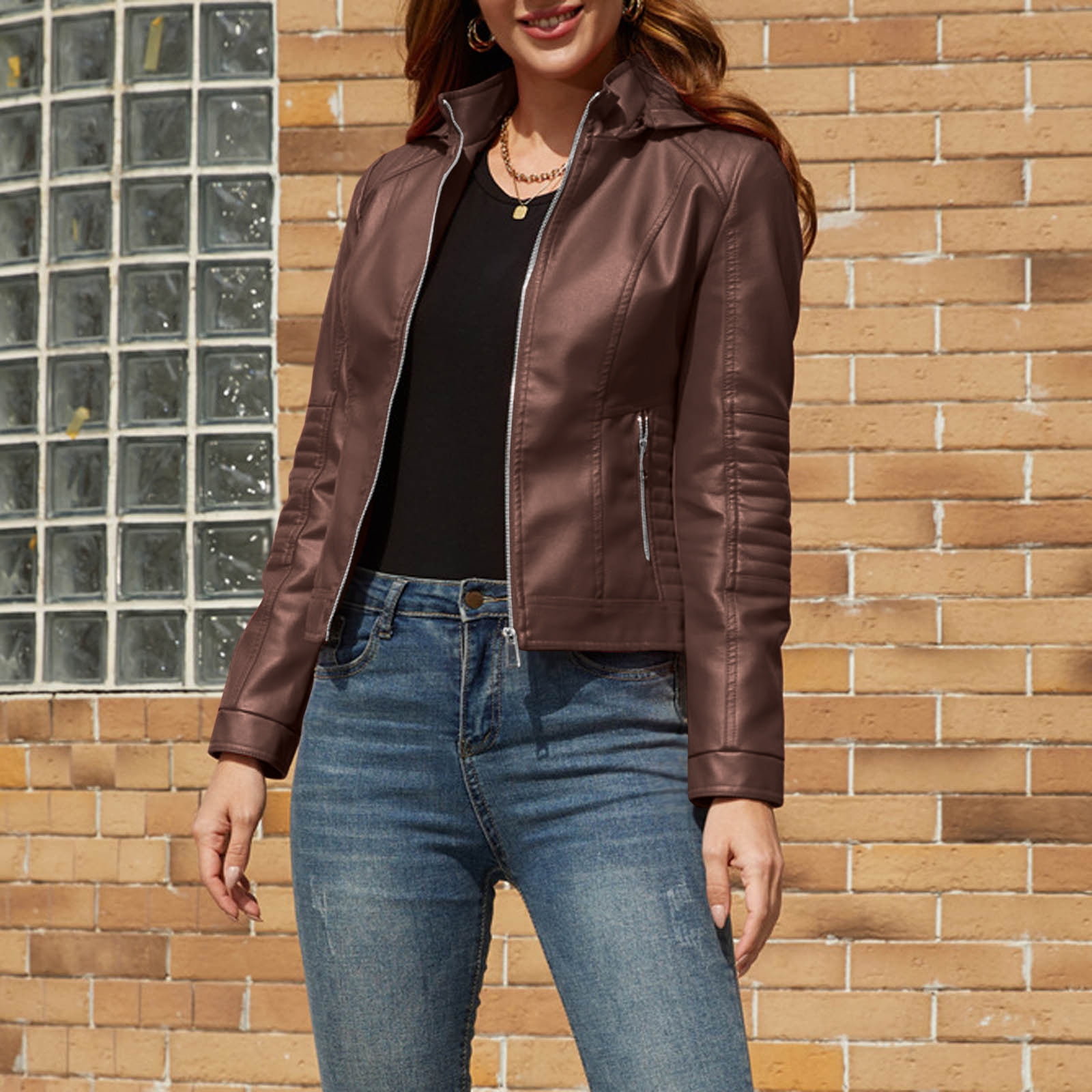 Wyongtao Faux Leather Jacket Women Long Sleeve Motorcycle Zipper Bomber PU Bike Coat with Pocket ...